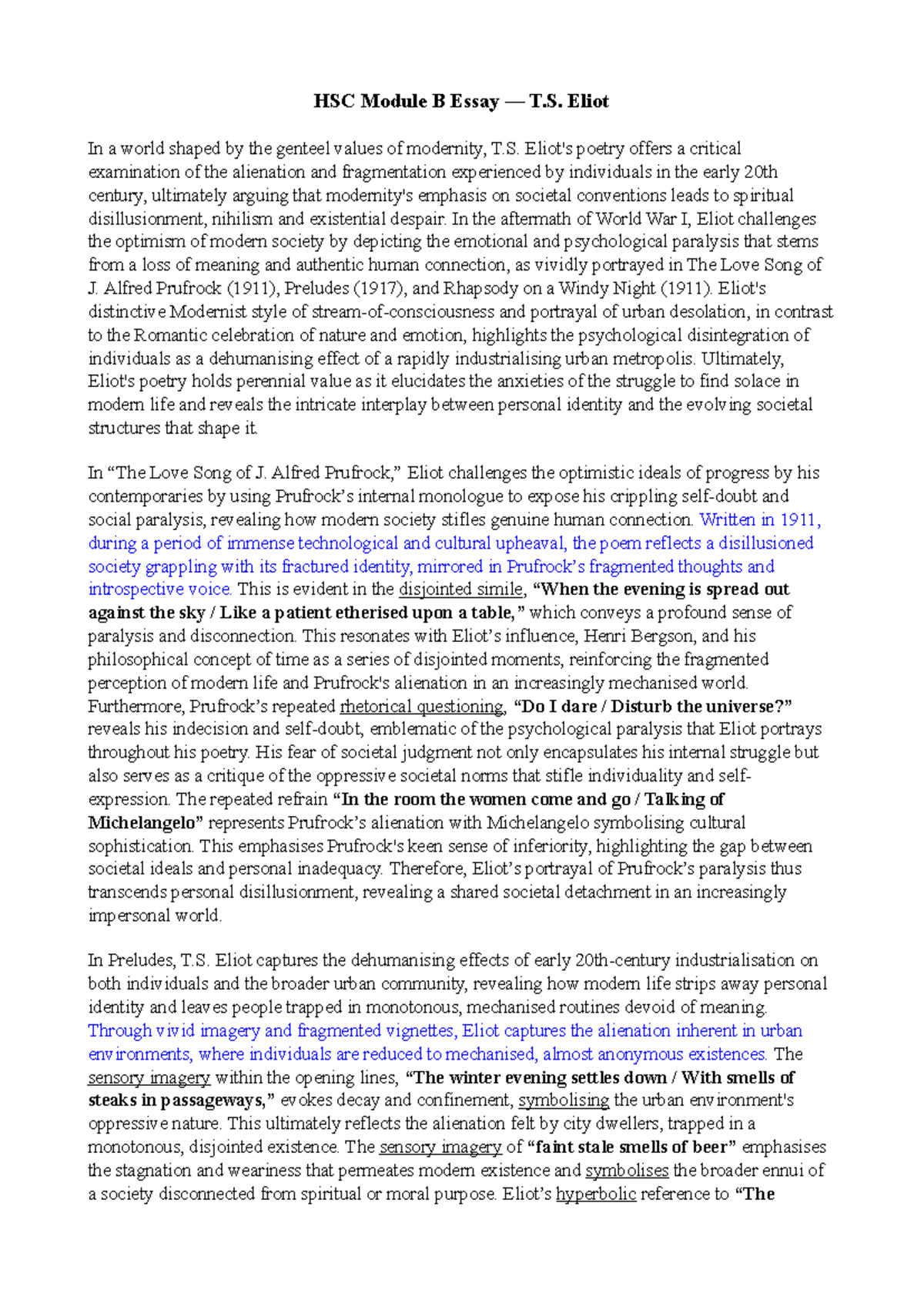 HSC Module B Essay - T.S Eliot - HSC Module B Essay — T. Eliot In a ...
