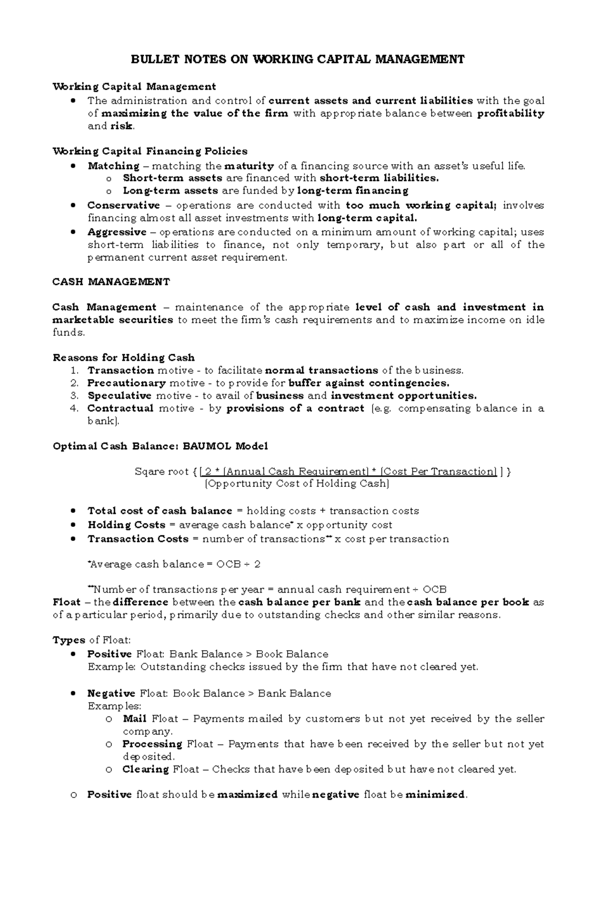 MS Bullet Notes 11 - Working Capital Management - BULLET NOTES ON ...