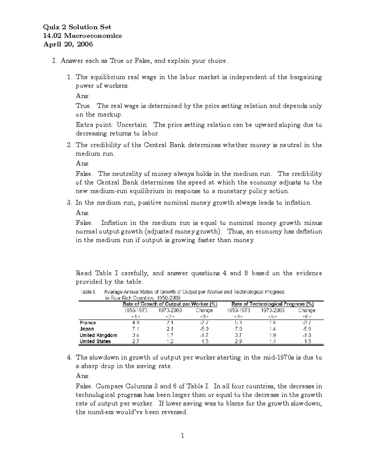 Quiz2 soln - Introduction To Macroeconomics - Quiz 2 Solution Set 14 ...
