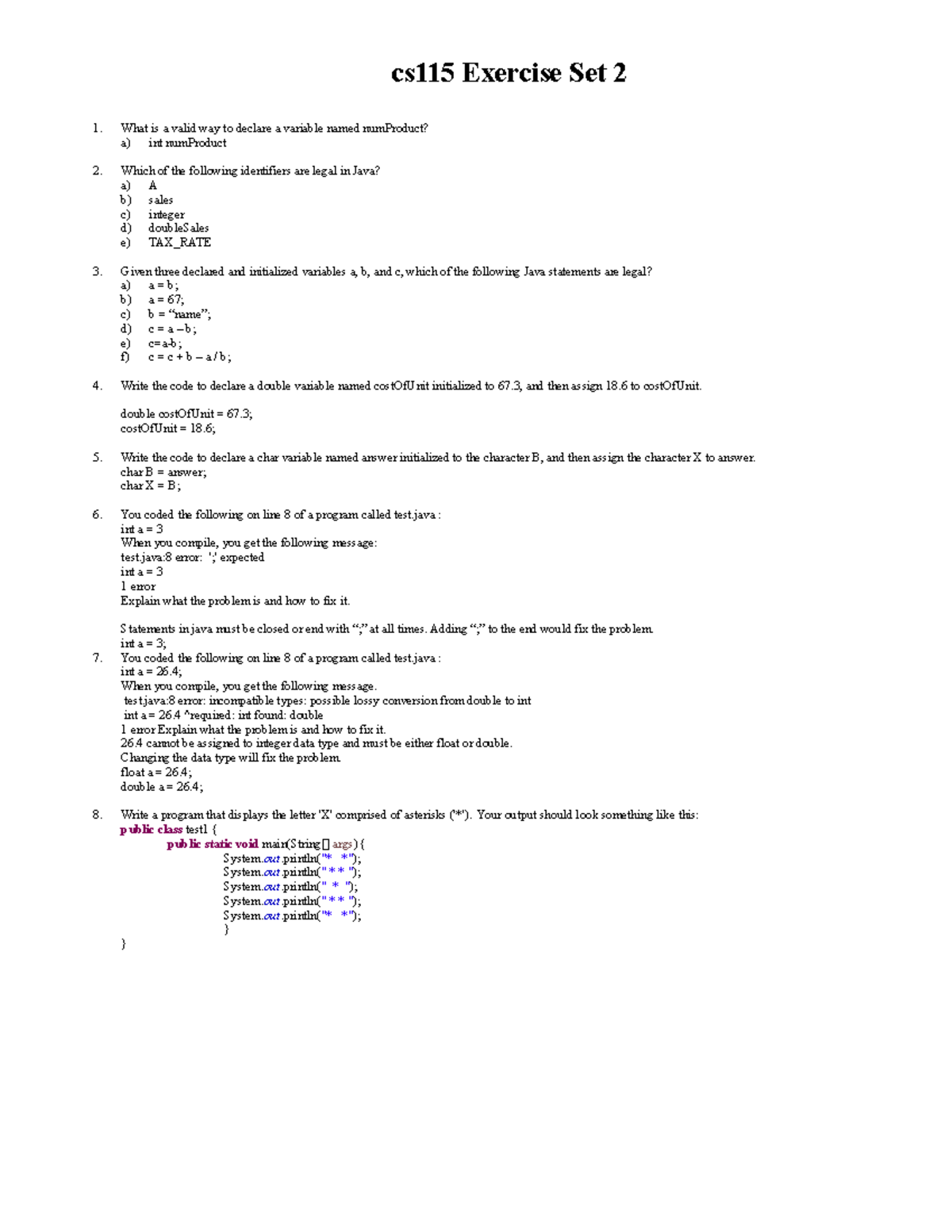 Cs115 Exercise Set 2 - cs115 Exercise Set 2 What is a valid way to declare a variable named ...
