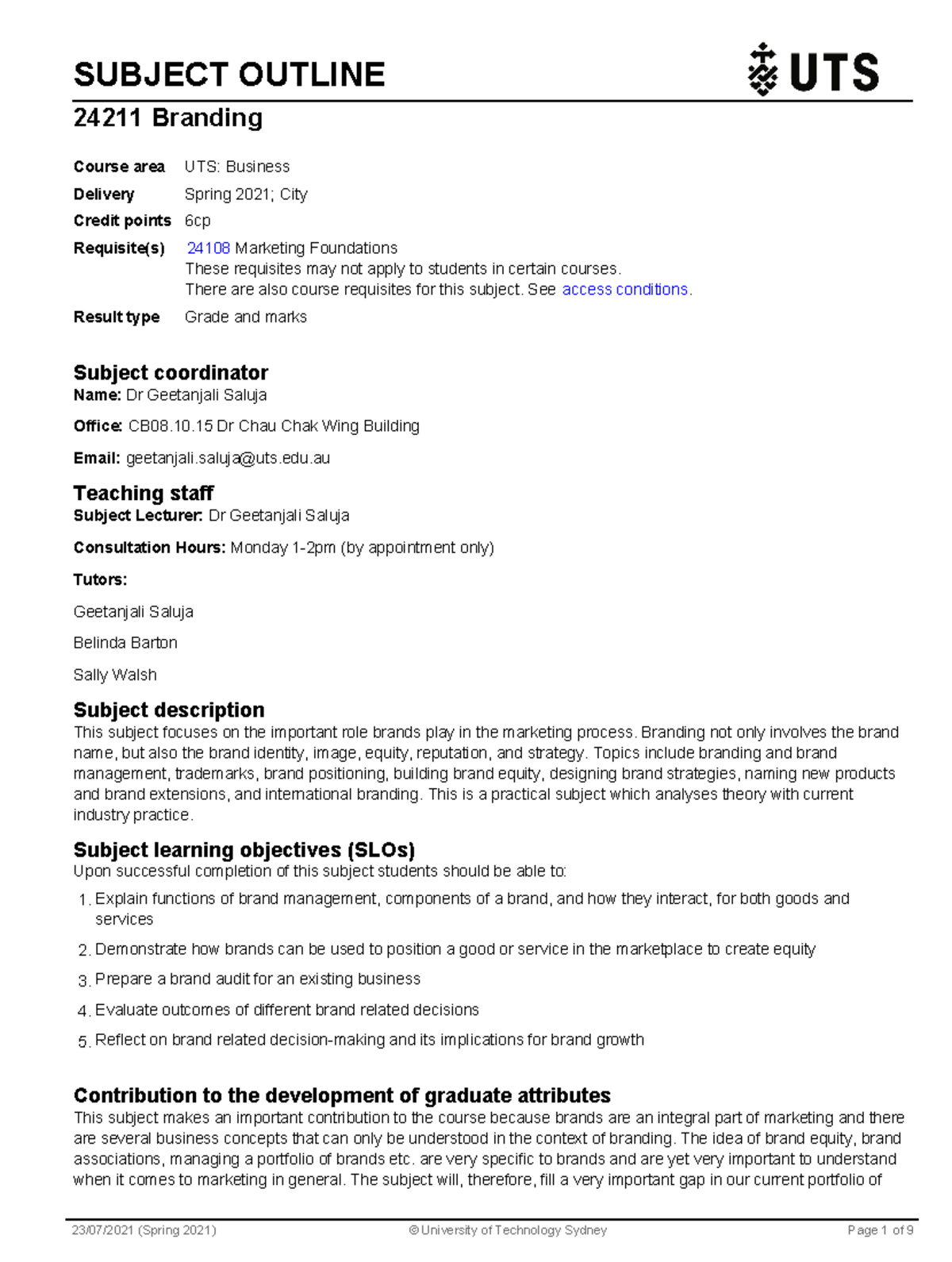 Branding - sub outline - SUBJECT OUTLINE 24211 Branding Subject ...