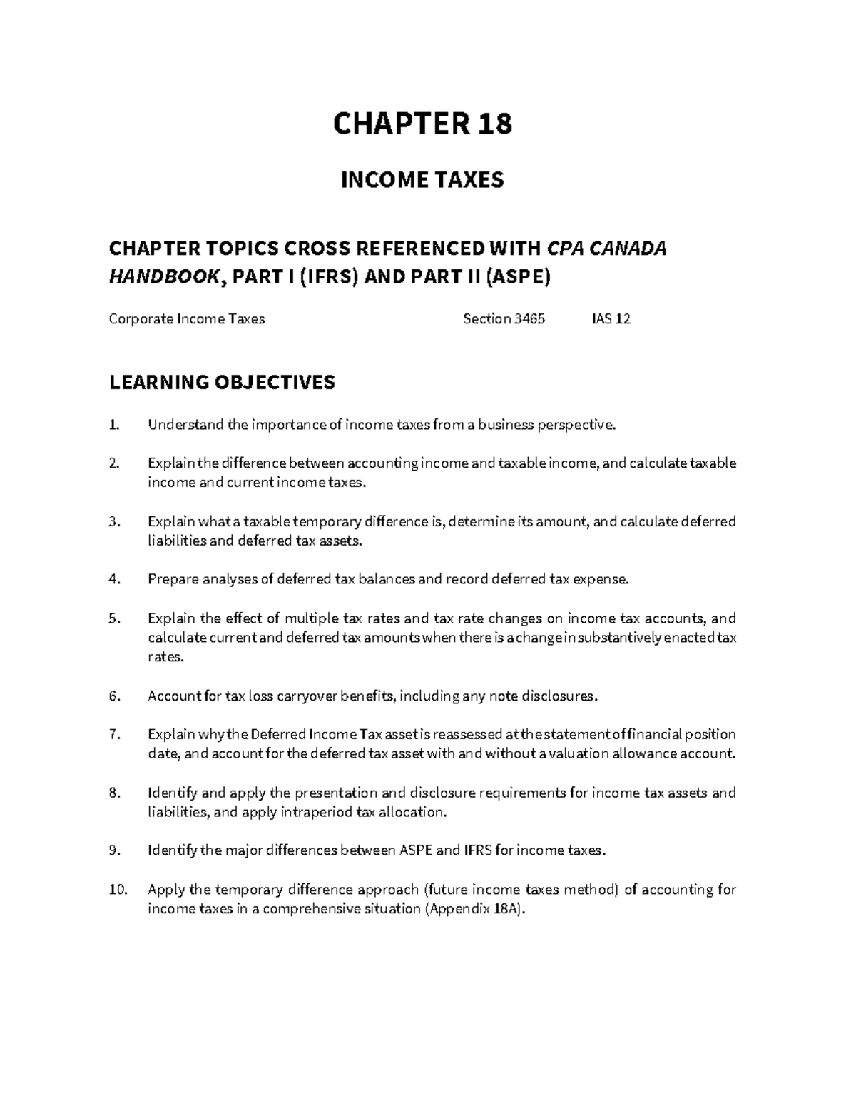 Outline - Chapter 18 - CHAPTER 18 INCOME TAXES CHAPTER TOPICS CROSS ...