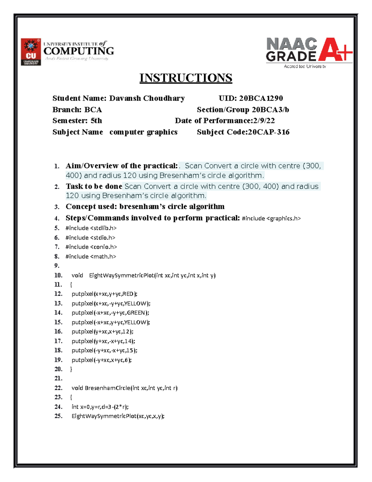 20BCA1290 computer graphics worsheet 1 - INSTRUCTIONS Student Name: Davansh Choudhary UID: 20BCA ...