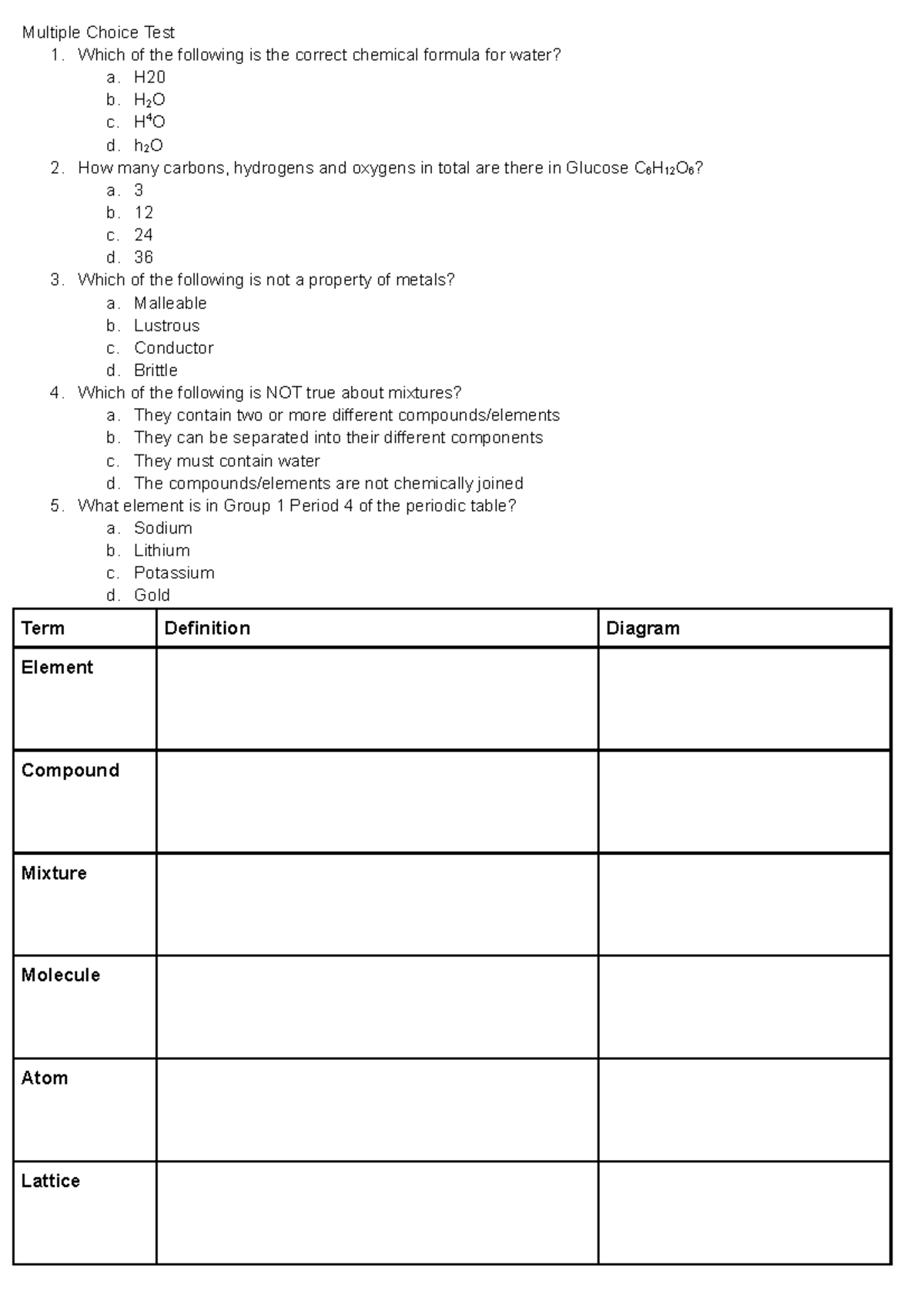 Practice Test Elements and Compounds - Multiple Choice Test 1. Which of ...