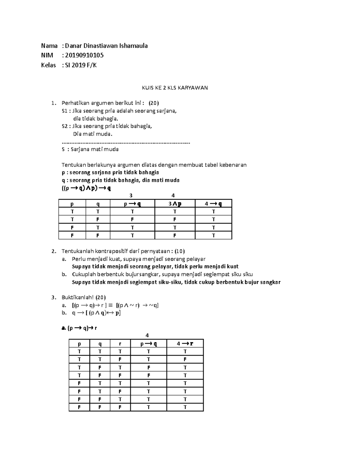 Kuis Logika Informatika - Nama : Danar Dinastiawan Ishamaula NIM ...