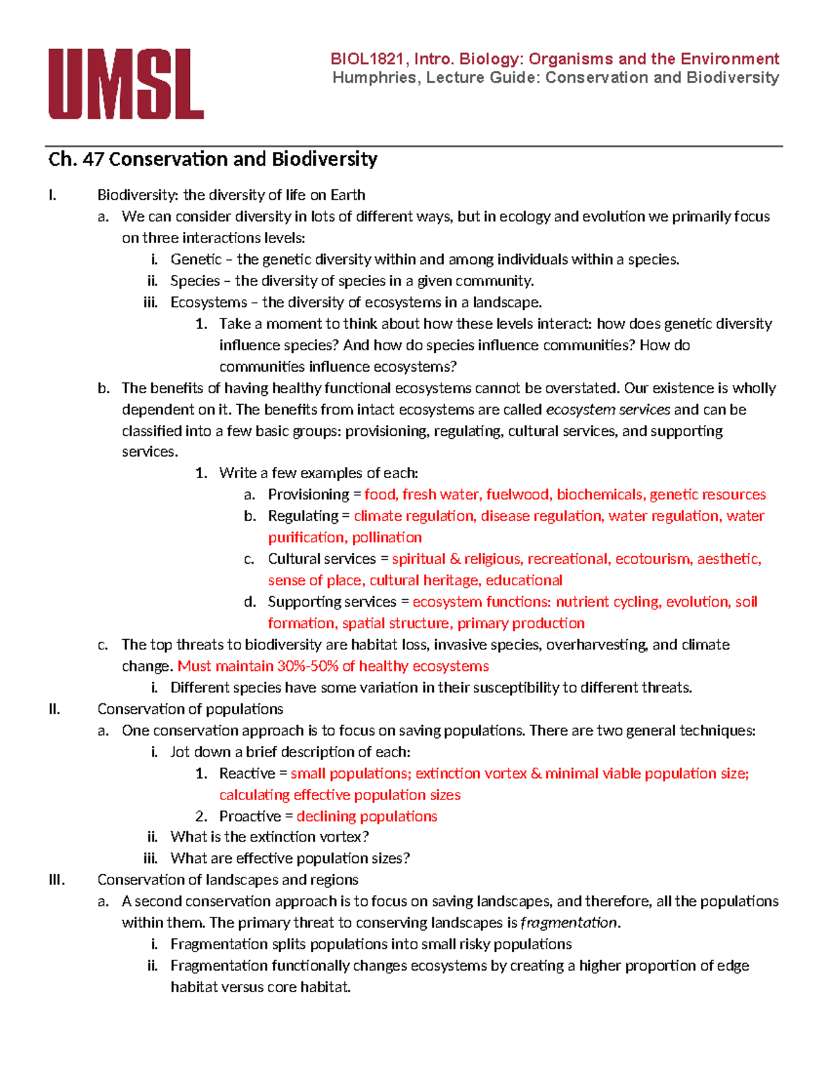 22. Lecture Guide Ch. 47 Conservation and Biodiv - BIOL1821, Intro ...