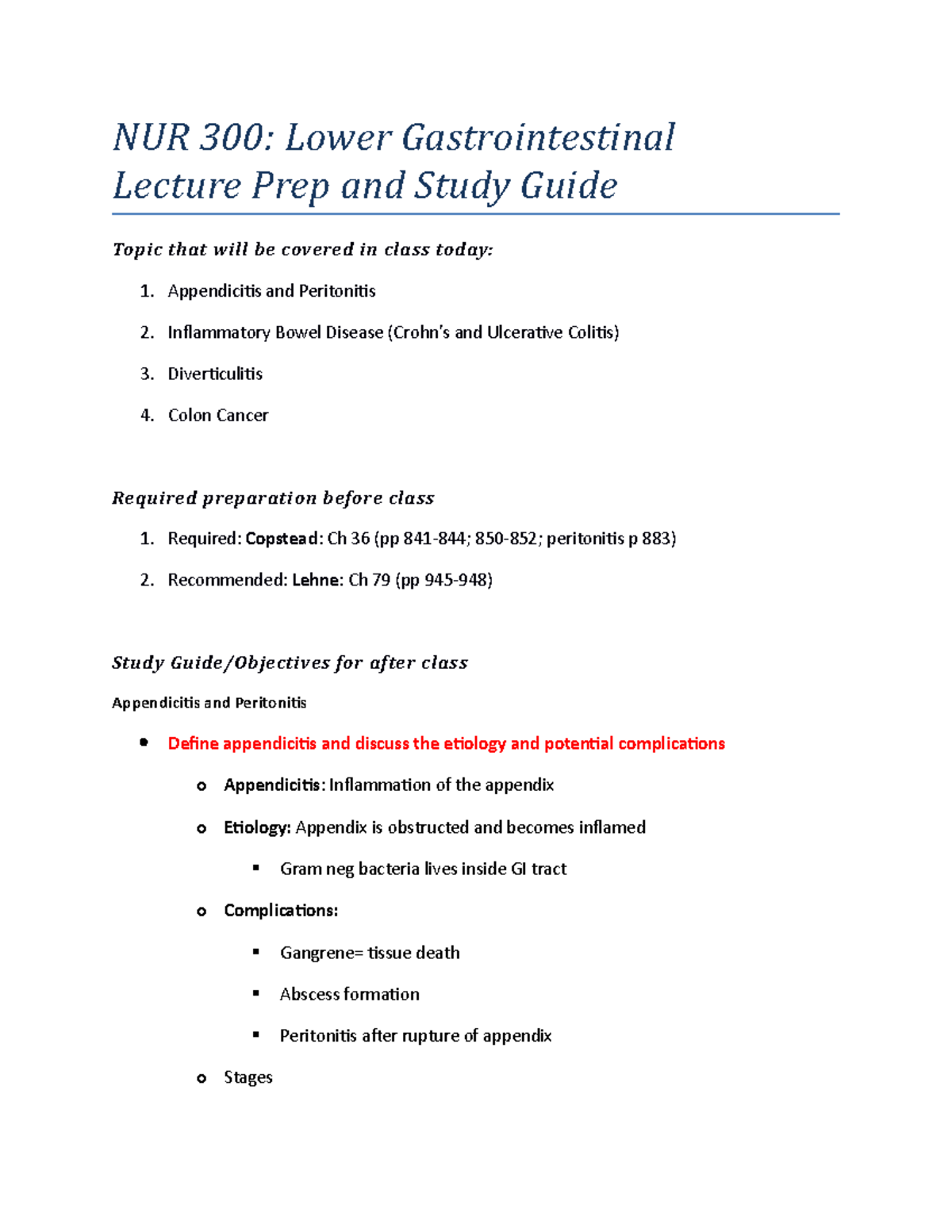 300 Lower GI study guide - NUR 300: Lower Gastrointestinal Lecture Prep ...