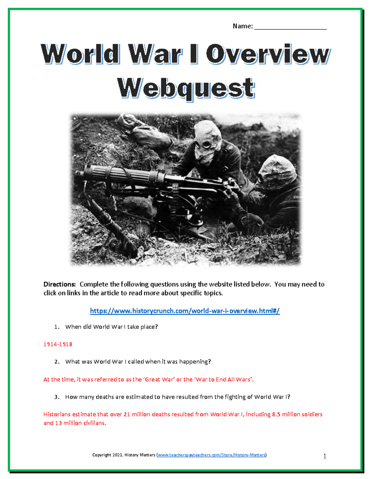 World War I Overview Webquest KEY - Directions: Complete the following ...