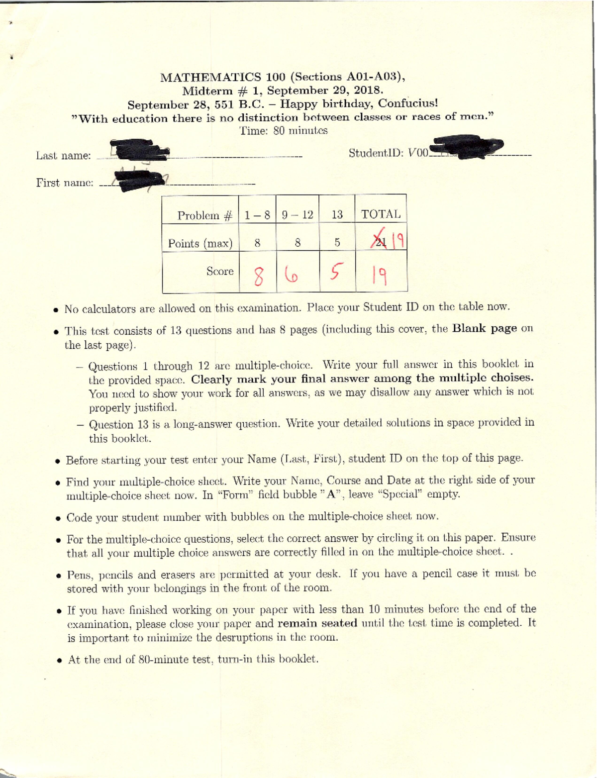 MATH 100 - Midterm 1 - Fall 2018 0001 - Math100 - Studocu