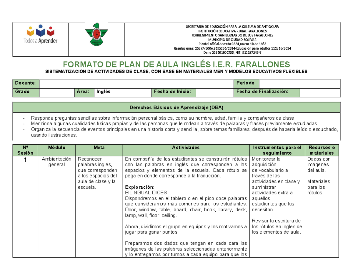 Formato DE PlaneacióN IngléS Sesión 1 - INSTITUCIÓN EDUCATIVA RURAL ...