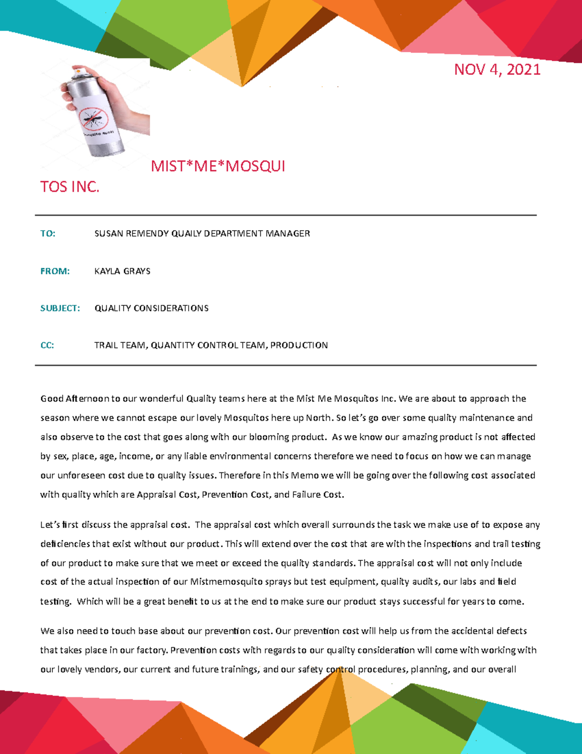 Business Management task 1 - NOV 4, 2021 TOS INC. TO: SUSAN REMENDY ...