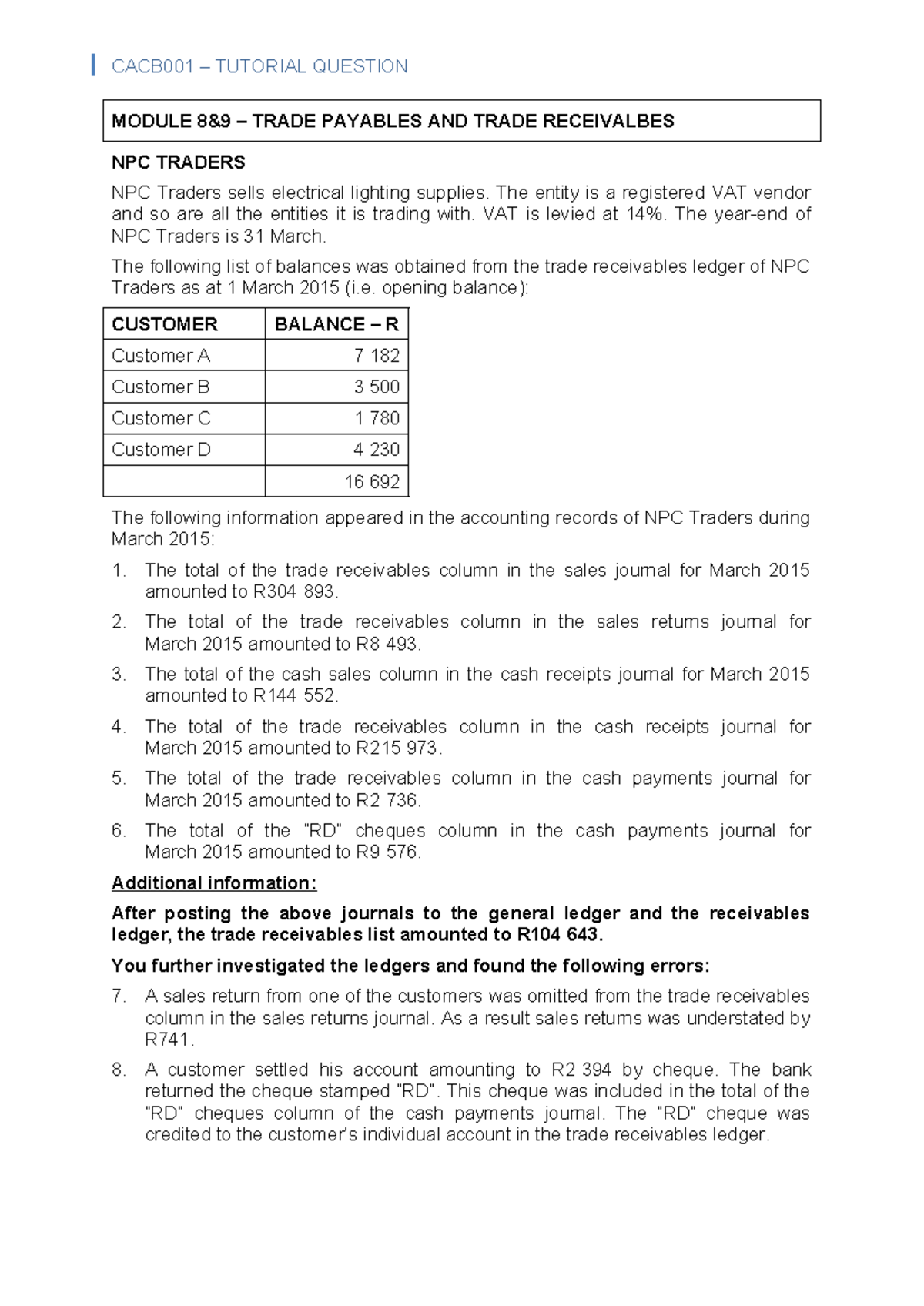 04.1 Module 9 - Trade receivables (Tutorial Question) - CACB001 ...