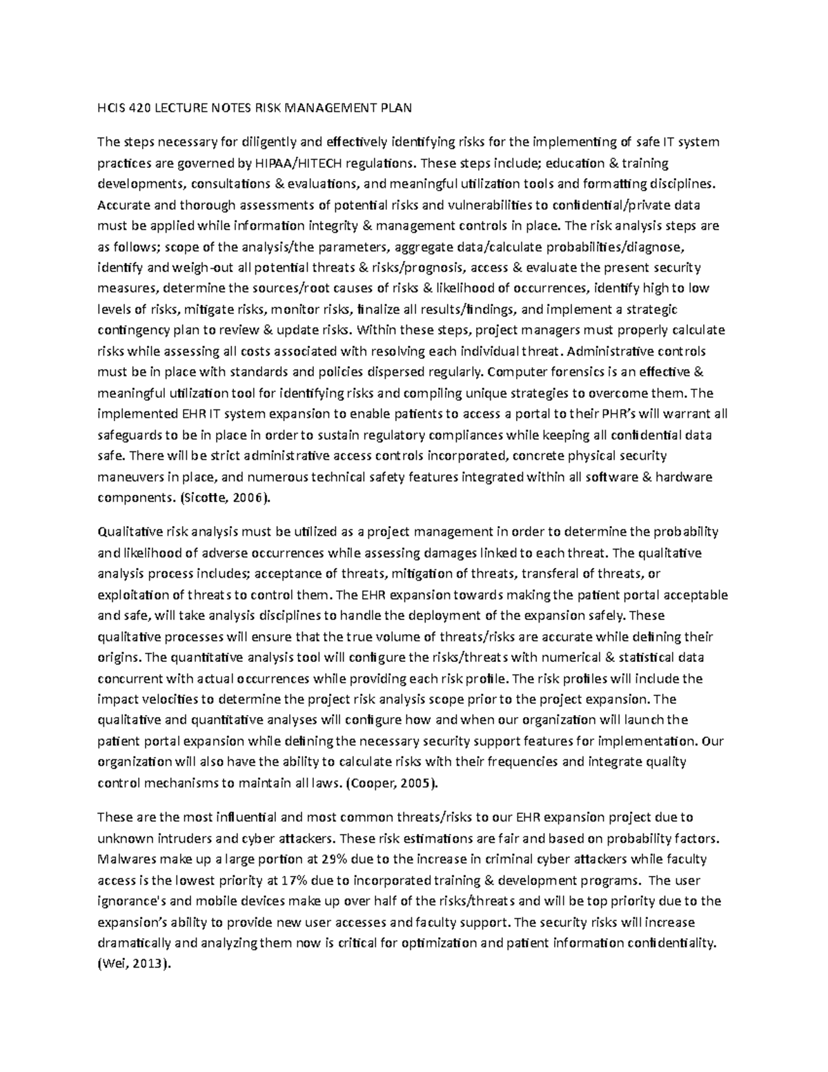 HCIS 420 Lecture Notes RISK Management PLAN - HCIS 420 LECTURE NOTES ...