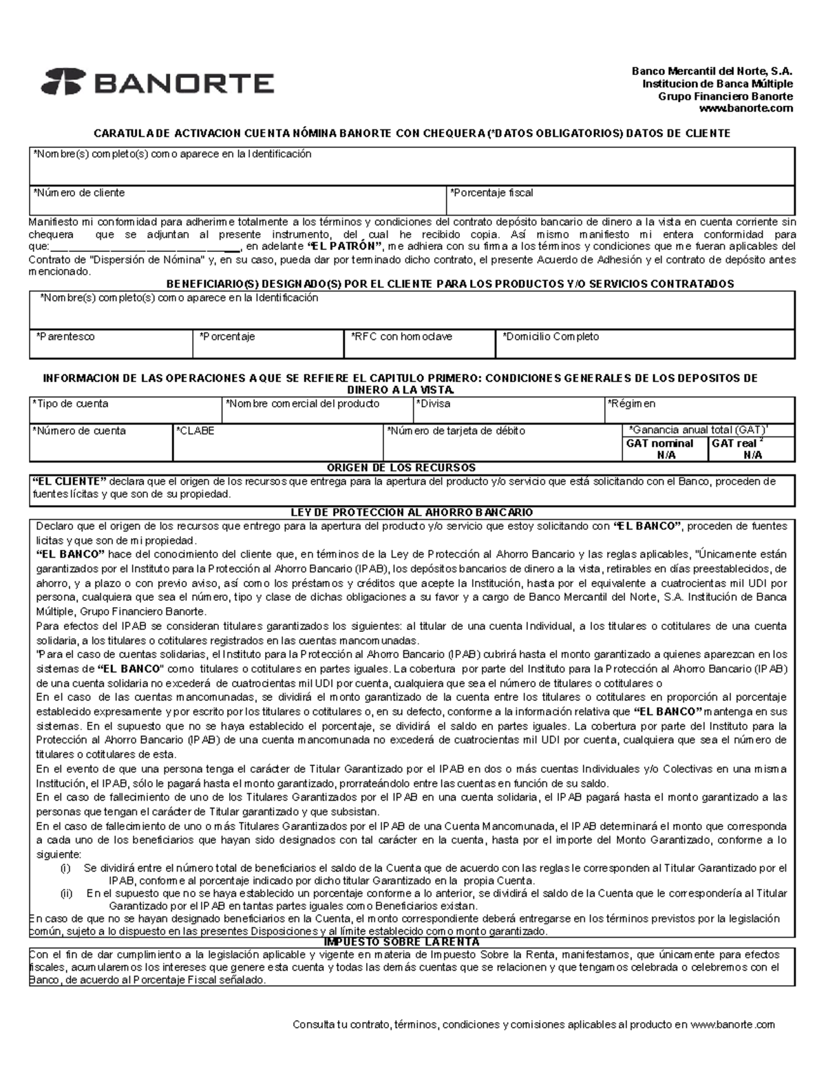 2Caratula de Activacion Procucto Nomina Banorte con Chequera - Consulta ...