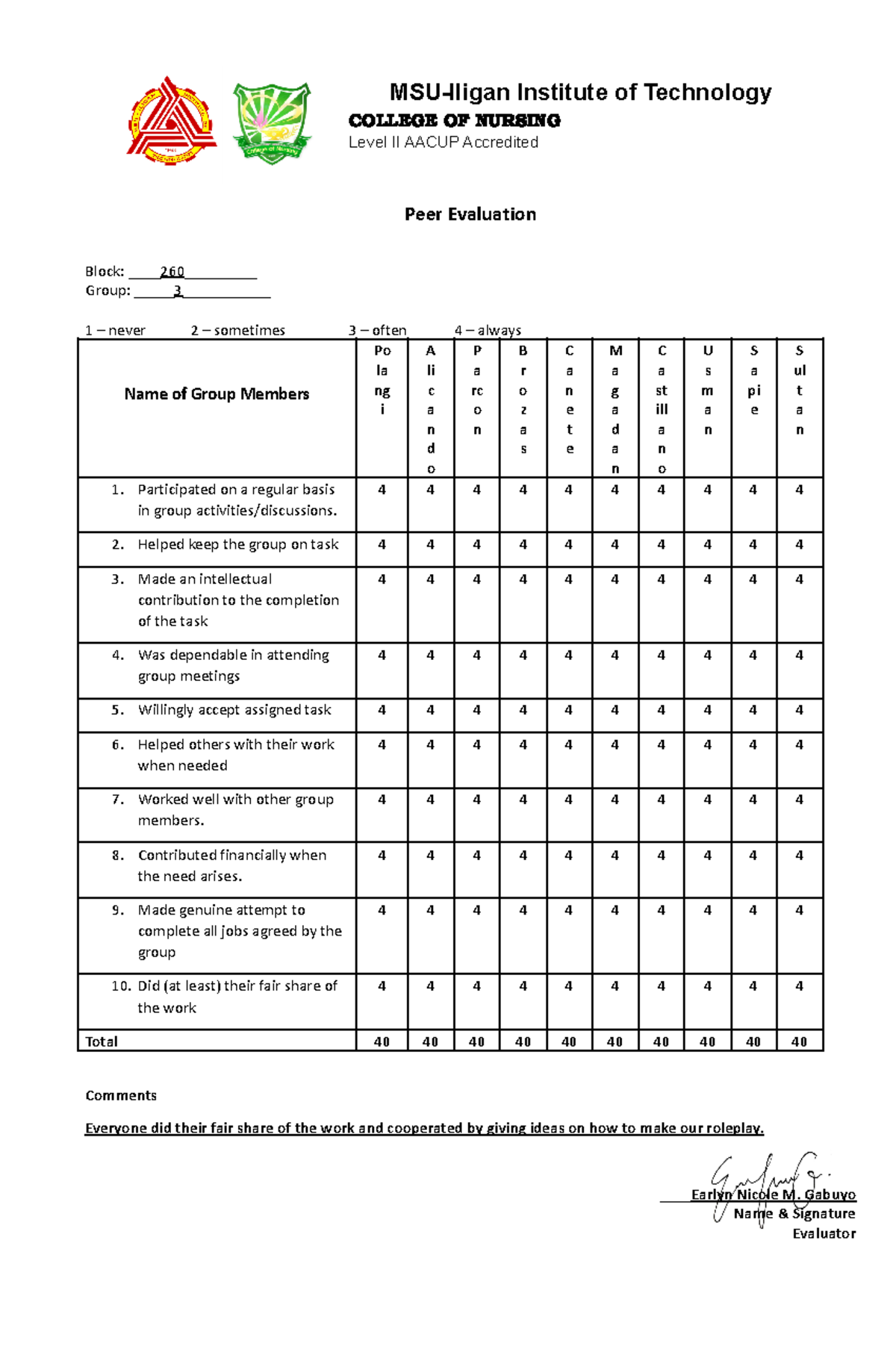 Peer-Evaluation - This is very nice and very awesome - MSU-Iligan ...
