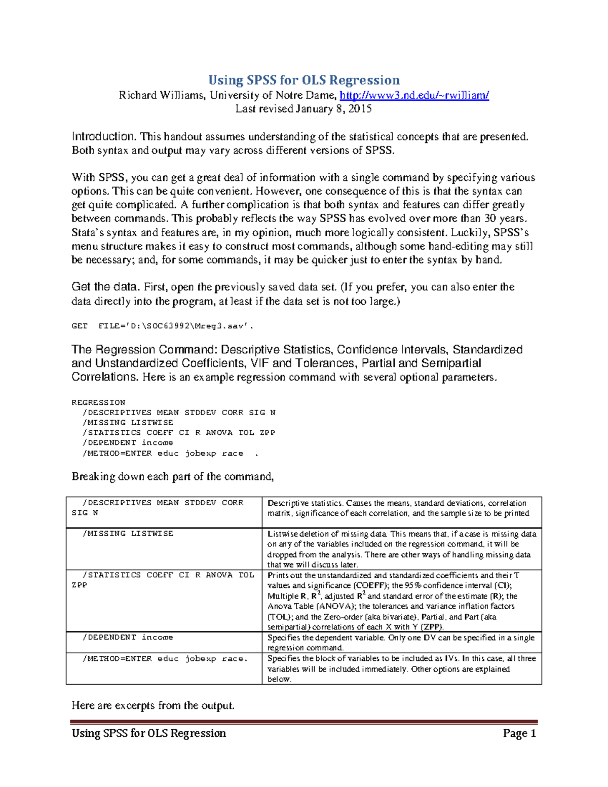 Using SPSS for OLS Regression - Using SPSS for OLS Regression Richard ...