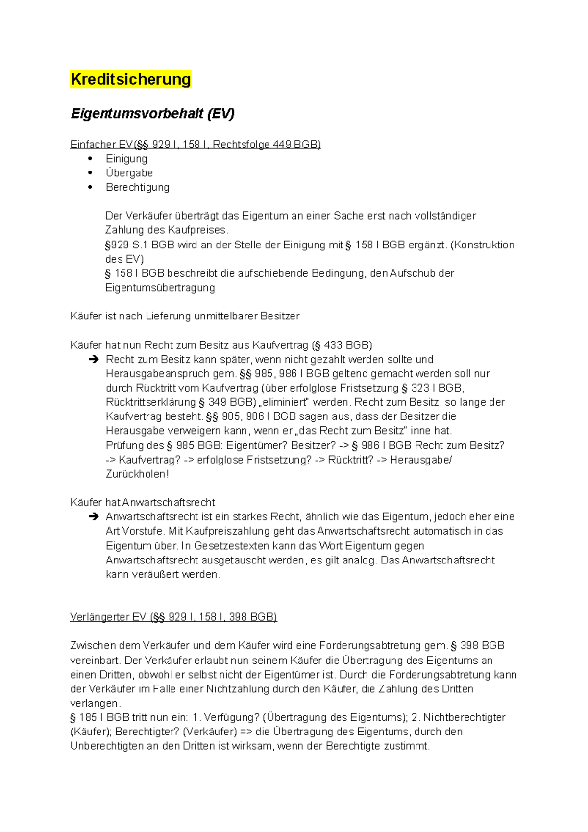 Eigentumsvorbehalt - Zusammenfassung Wirtschaftsrecht - Kreditsicherung ...