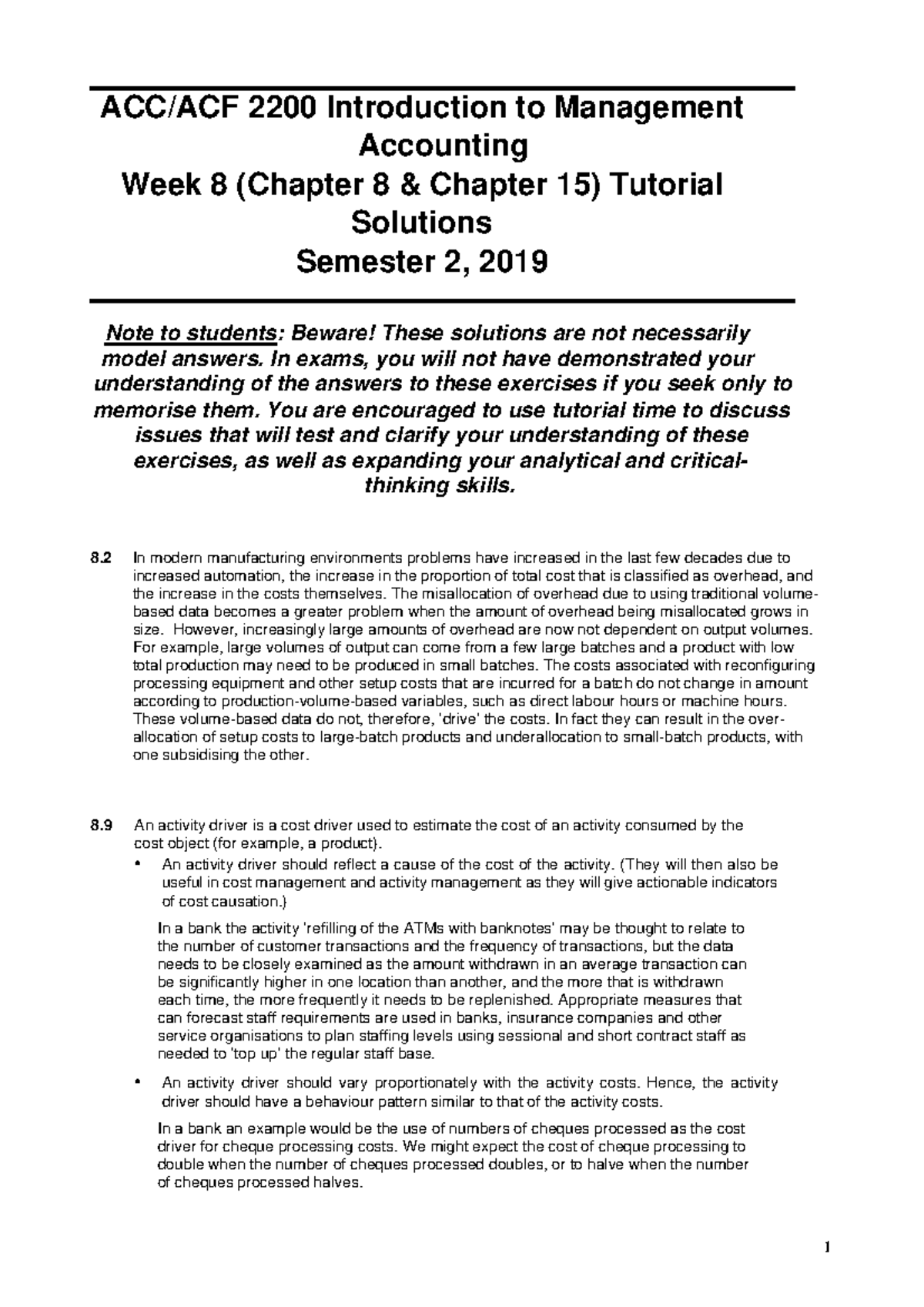 Solutions to Tutorial Questions W8 - ACC/ACF 2200 Introduction to ...