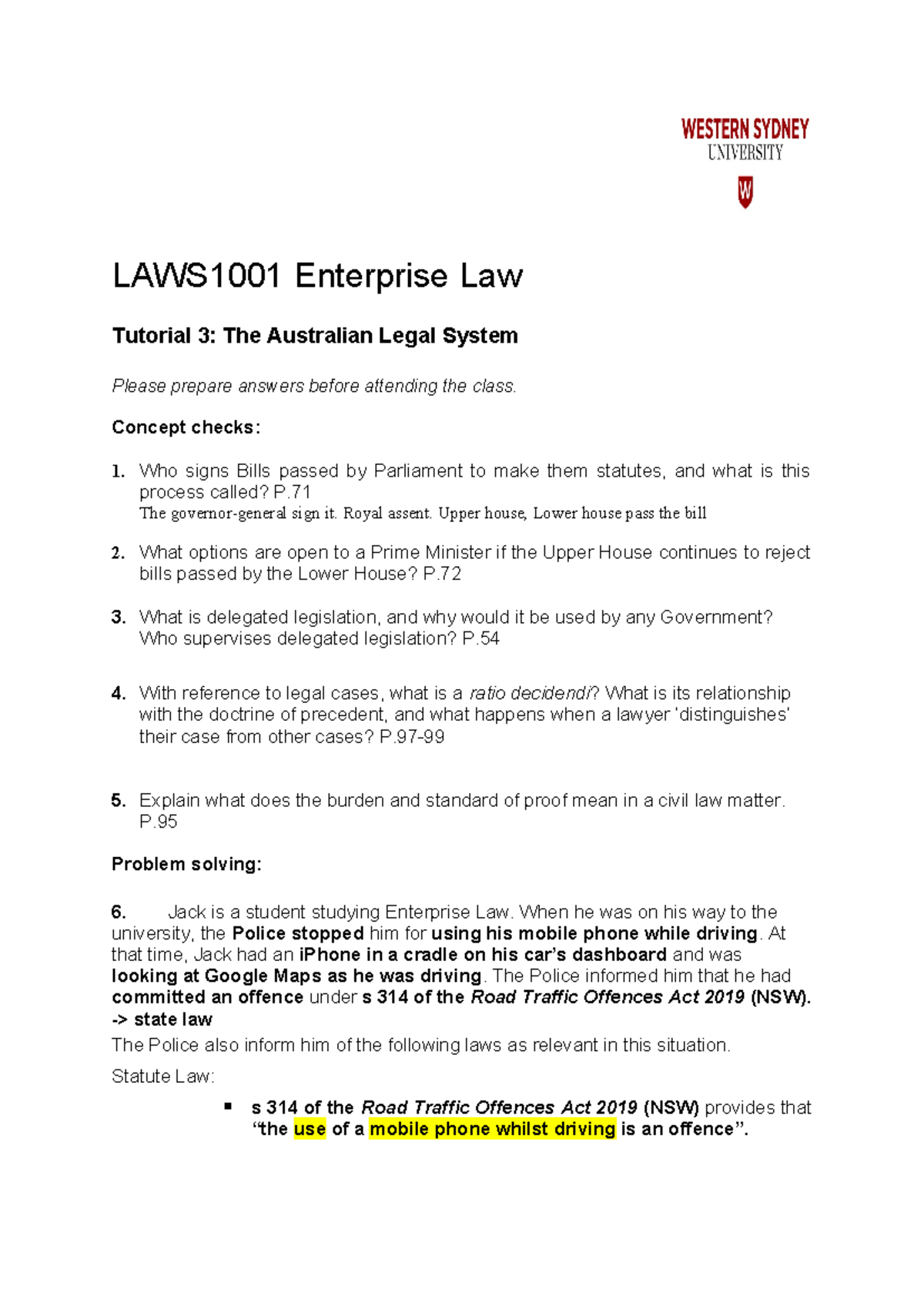 Tutorial 3 - LAWS1001 Enterprise Law Tutorial 3: The Australian Legal ...