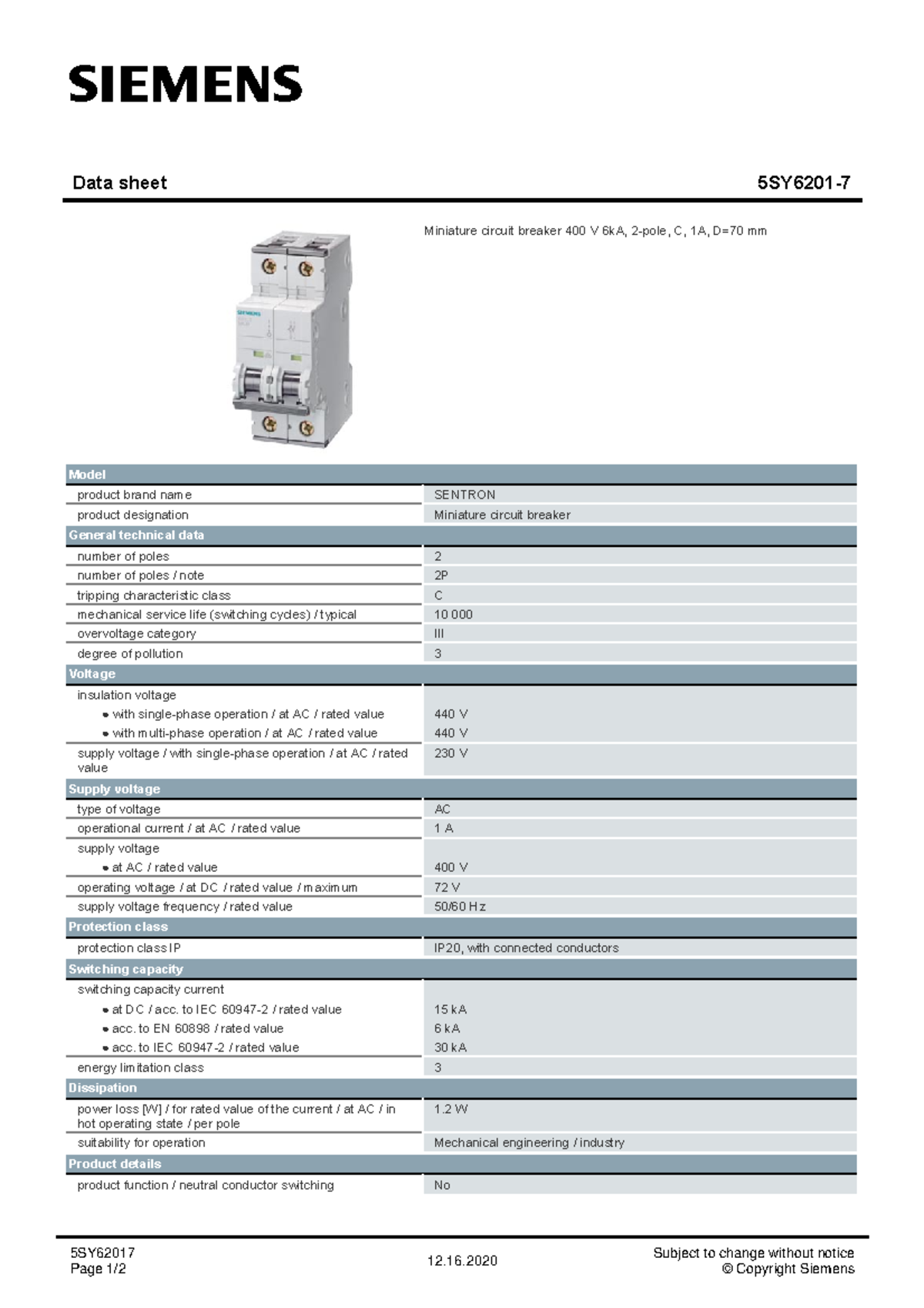 Interruptor de potencia Siemens 5SY62017 - 5SY Subject to change ...