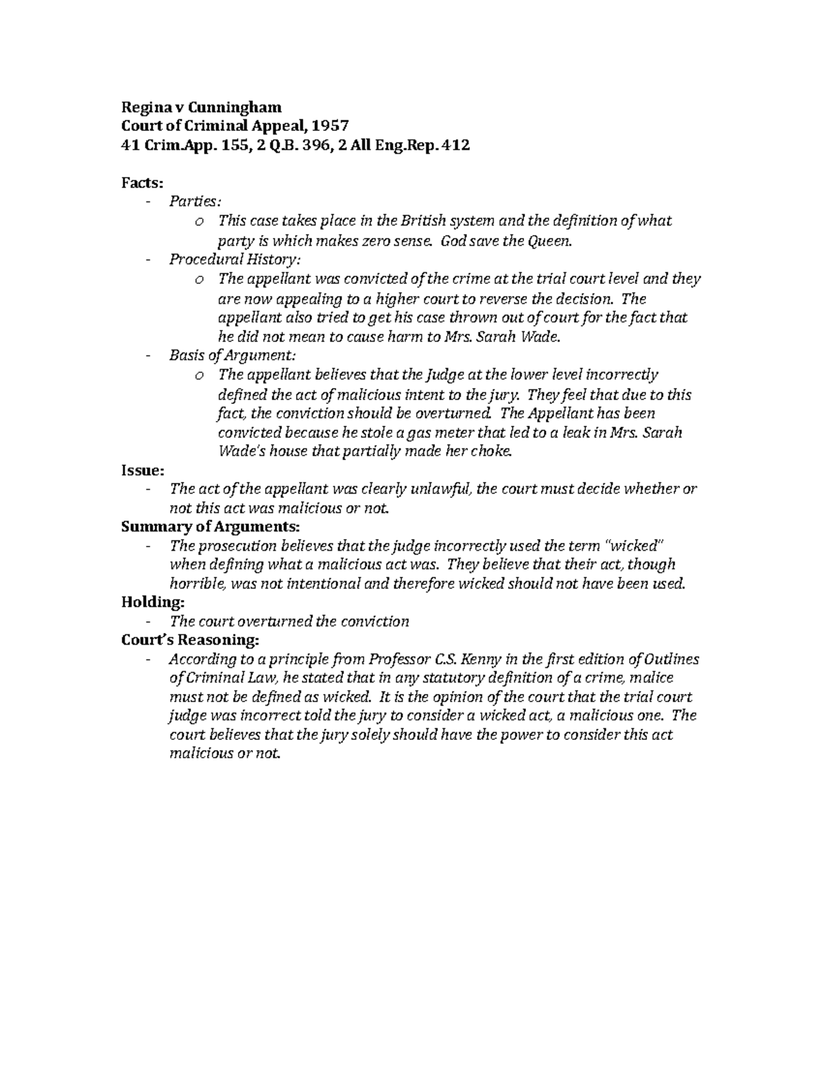 Regina v Cunningham - Lecture notes 1 - Regina v Cunningham Court of ...