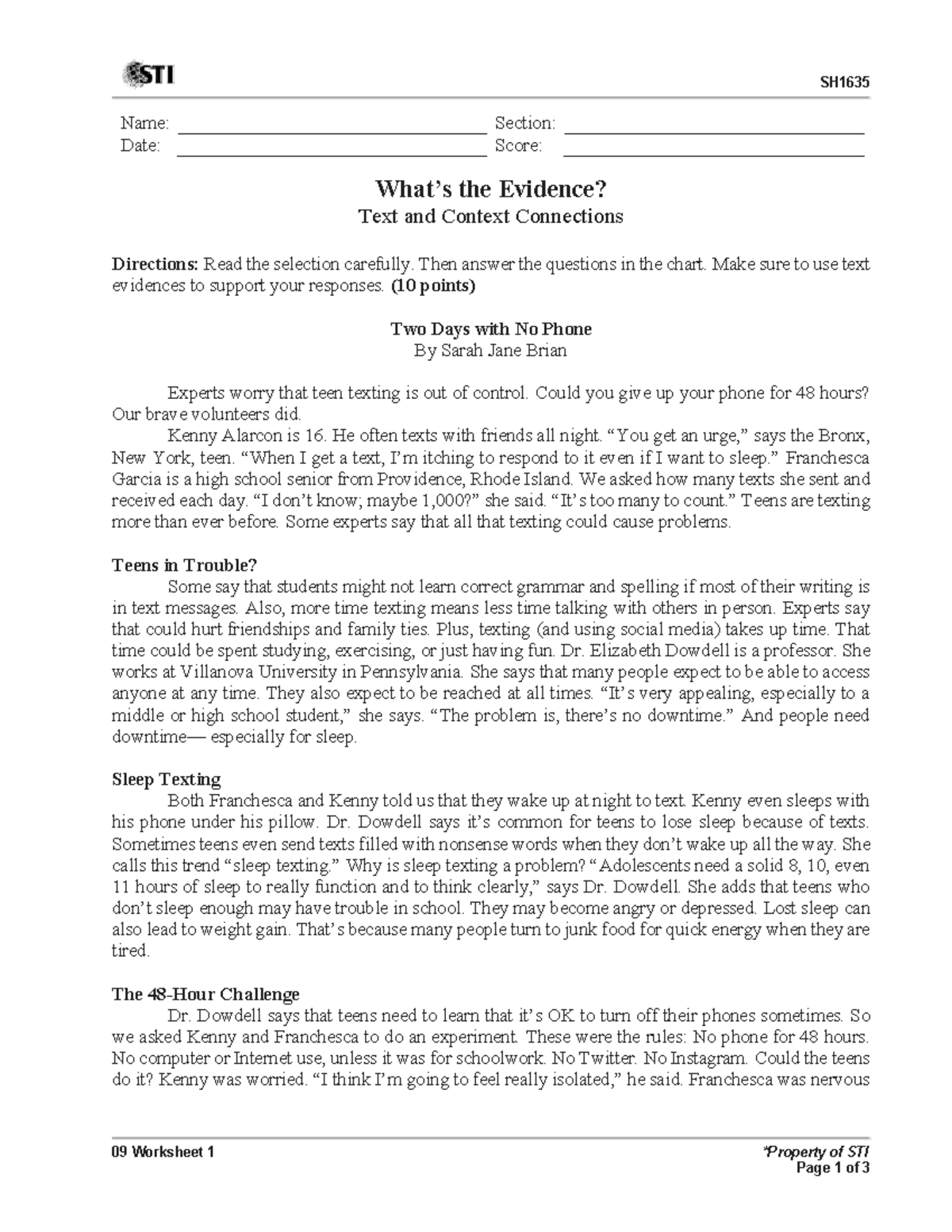 SH1635 - Reading and Writing Skills 09 Worksheet 1 - SH 09 Worksheet 1 ...