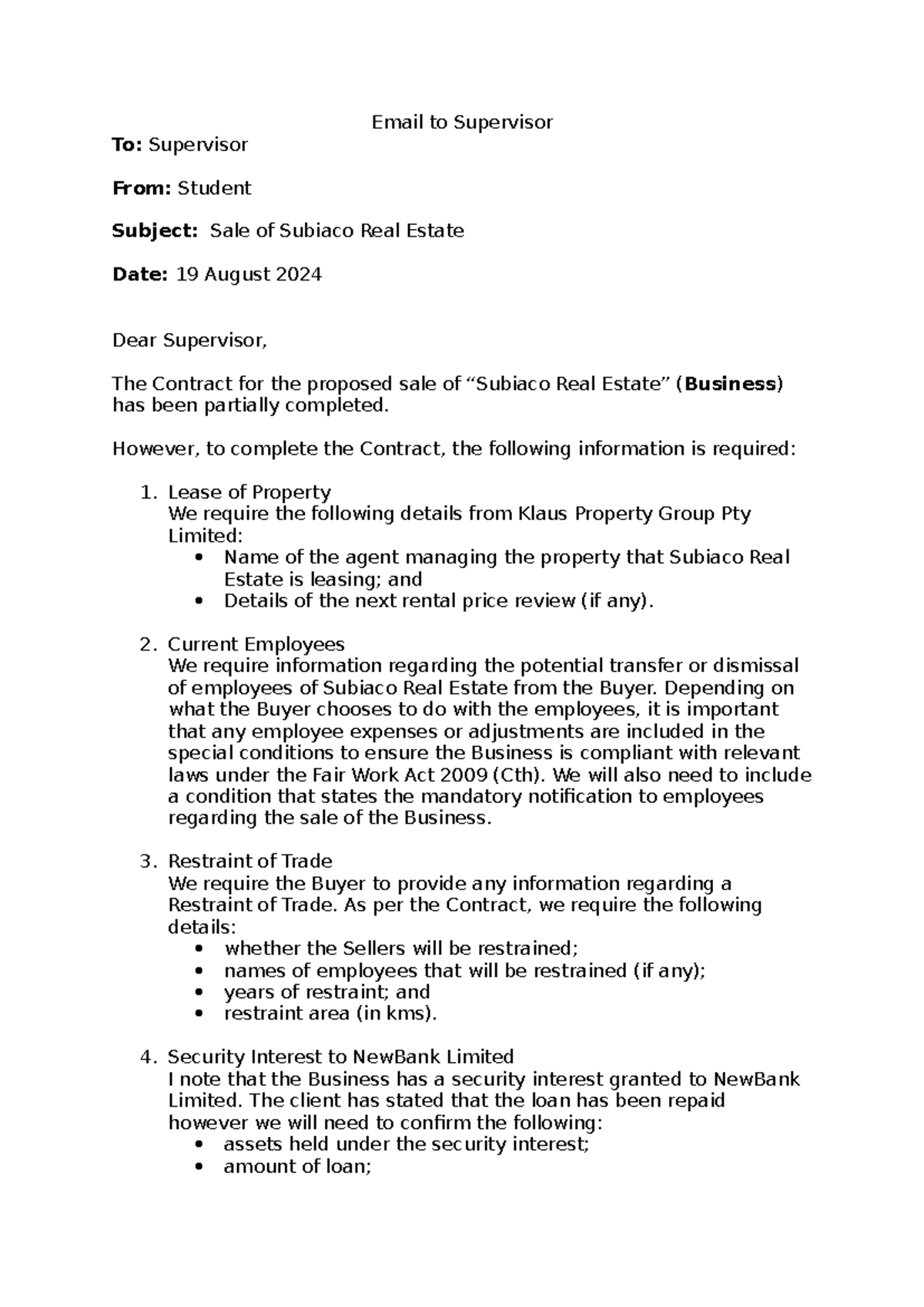 A1.1 Email to Supervisor - Email to Supervisor To: Supervisor From ...