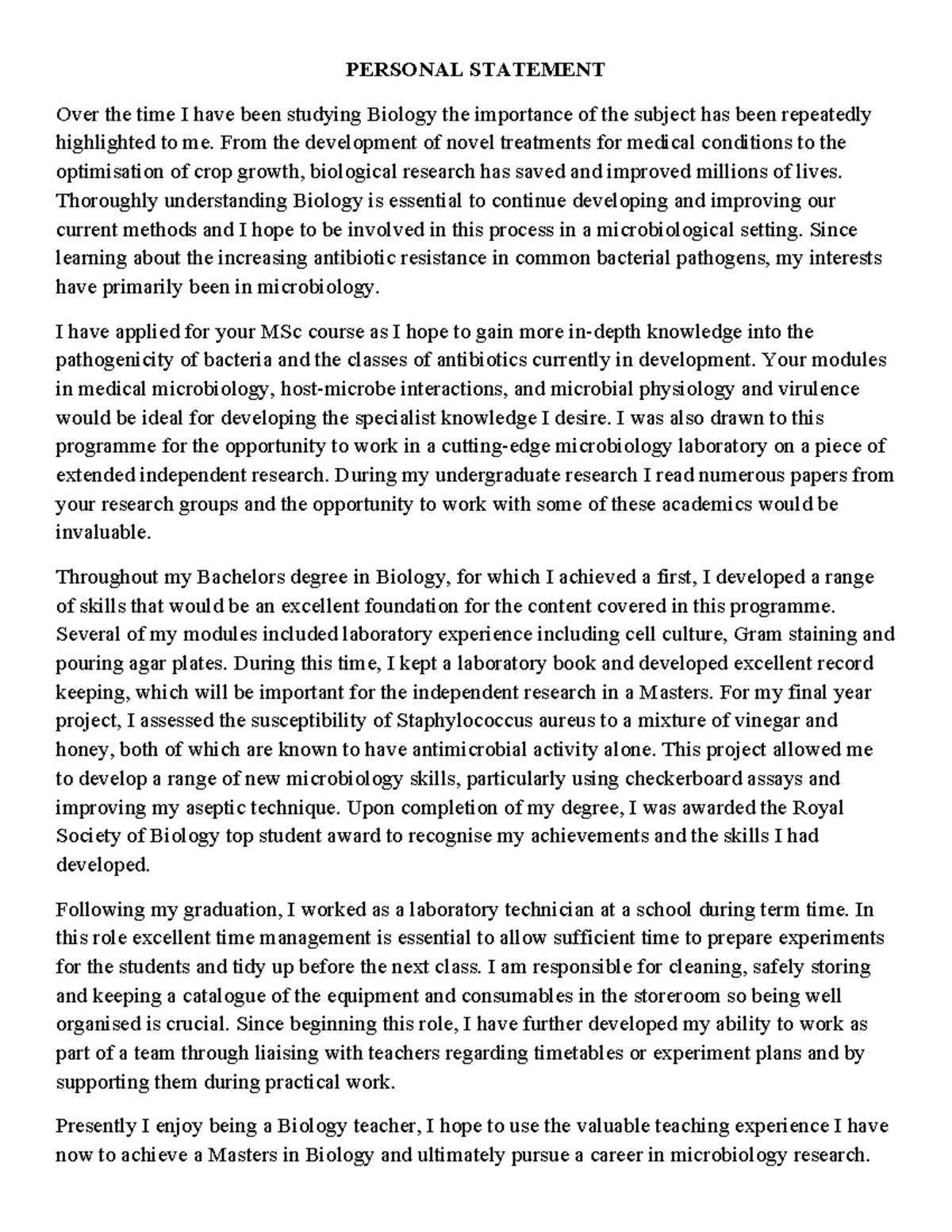 Personal Statement - PERSONAL STATEMENT Over the time I have been ...
