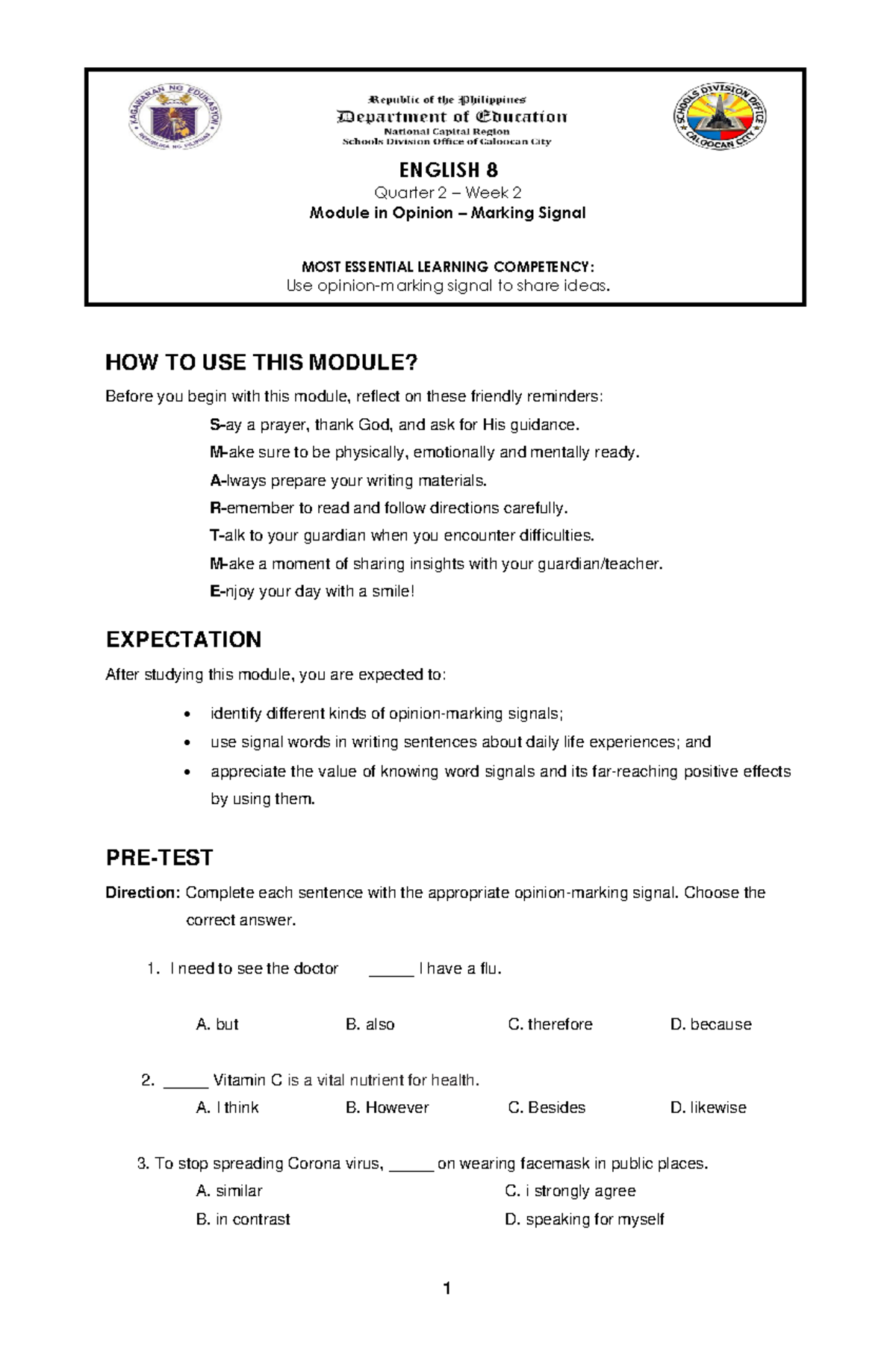 English-8-Q2-Module-2 - MAKE YOUR OPINIONS COUNT! ENGLISH 8 Quarter 2 – Week 2 Module in Opinion ...