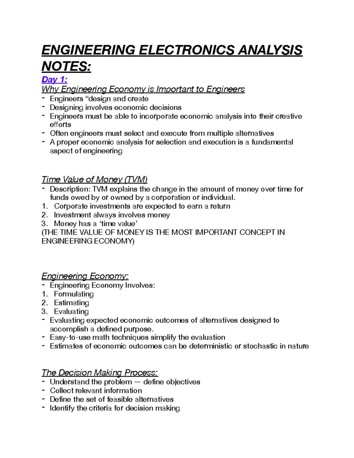 Engineering Economics Analysis Notes - ENGINEERING ELECTRONICS ANALYSIS ...