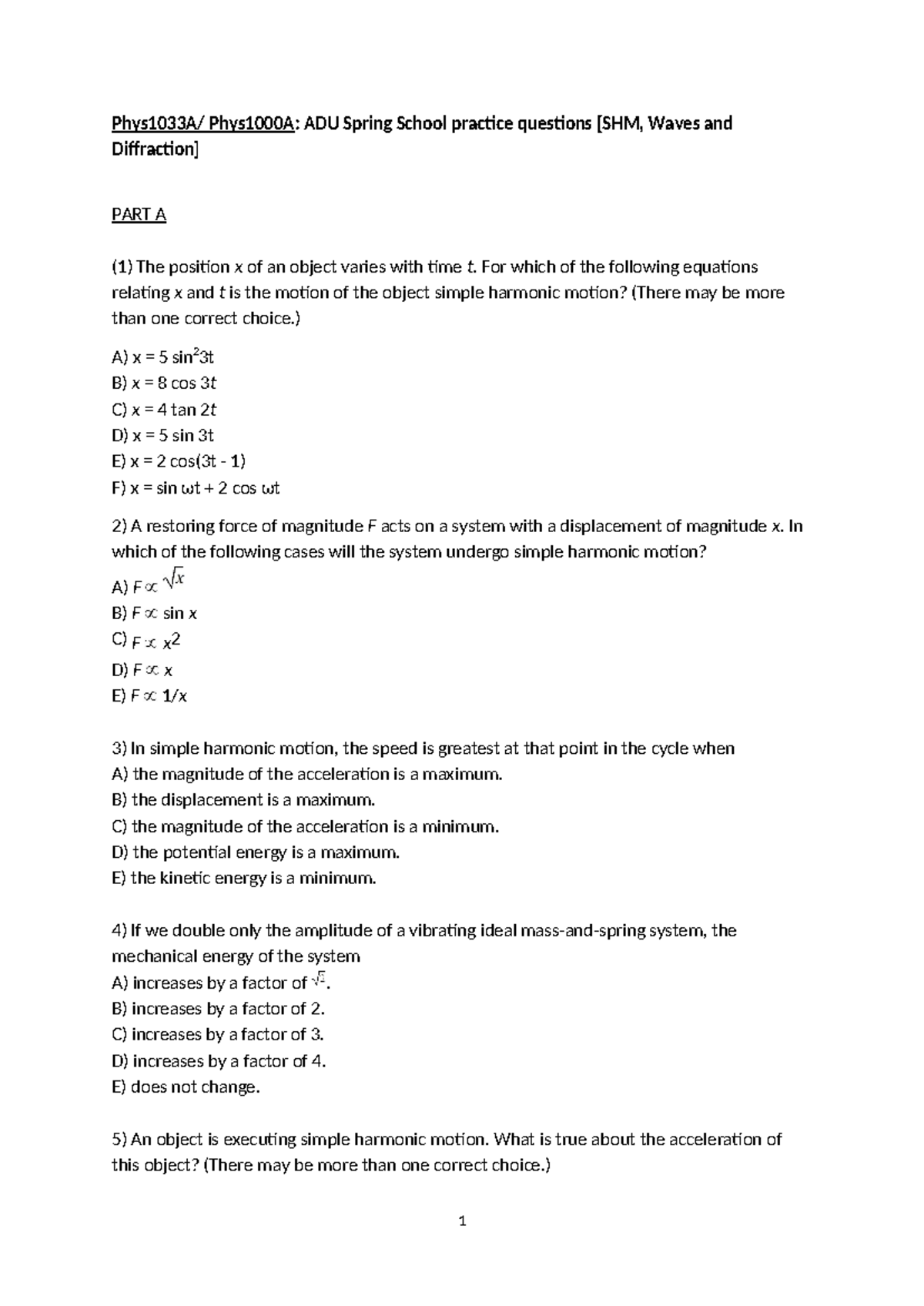 Phys1033A Spring School Monday questions - Phys1033A/ Phys1000A: ADU ...