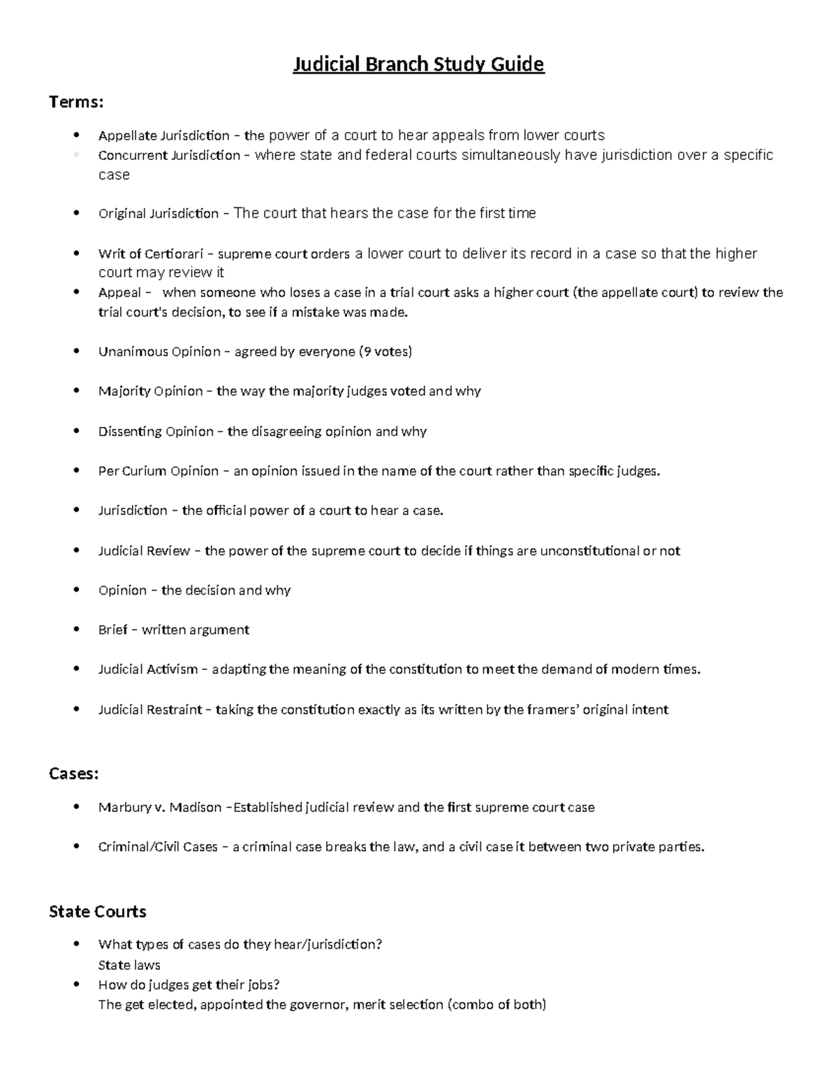 Judicial Branch Study Guide - Judicial Branch Study Guide Terms ...