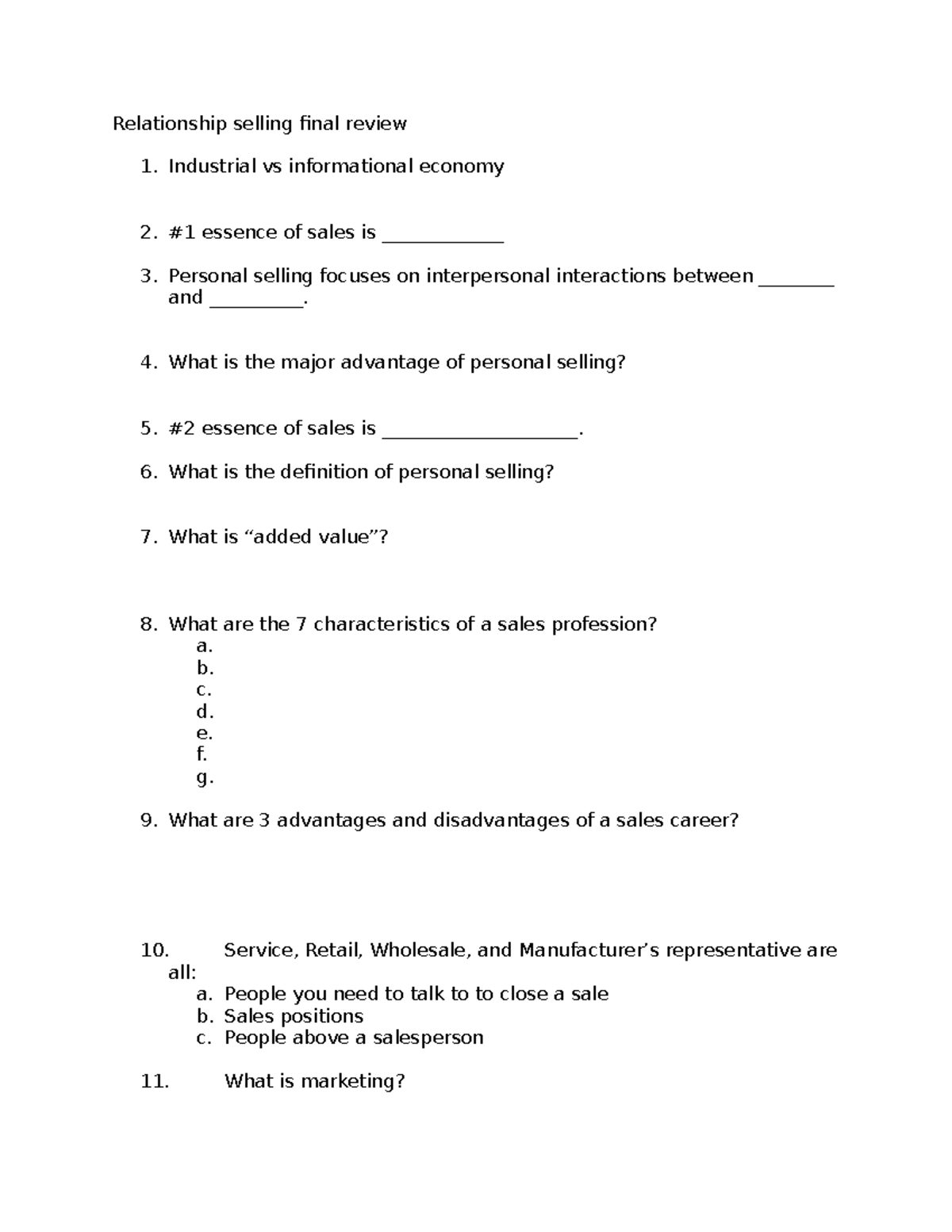 Relationship selling final review - Industrial vs informational economy ...