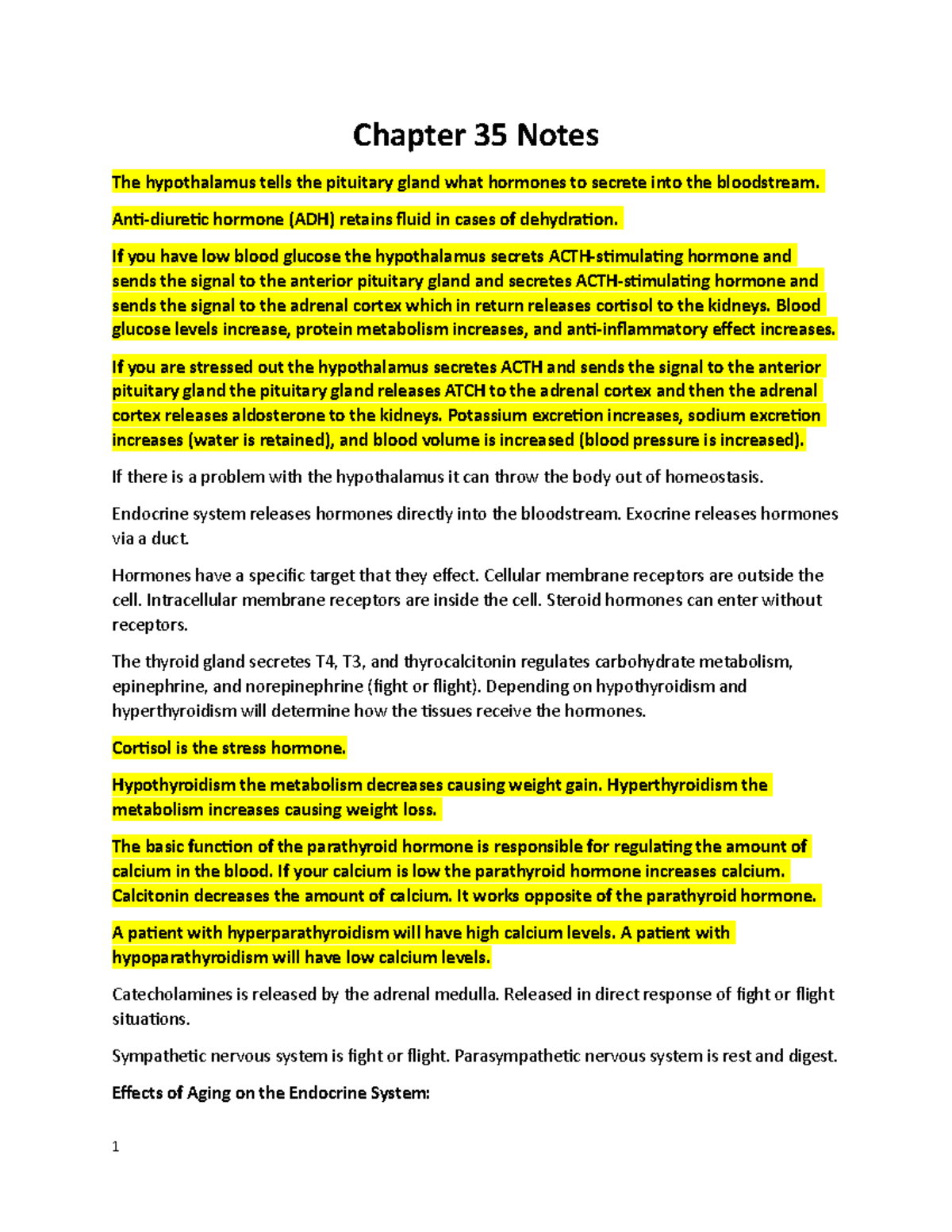 Chapter 35 Notes - T. Pittman - Chapter 35 Notes The hypothalamus tells ...