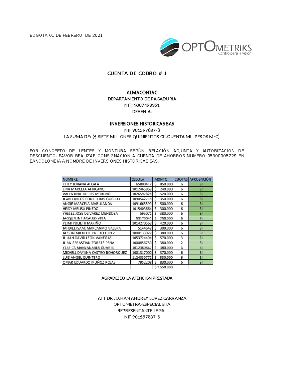 Cuenta de cobro - BOGOTA 01 DE FEBRERO DE 2021 CUENTA DE COBRO # 1 ...