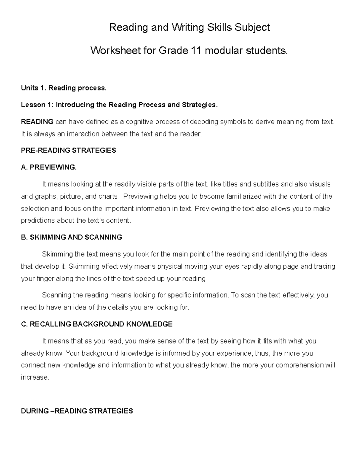 Worksheet FOR Reading AND Writing Subject - Reading and Writing Skills ...