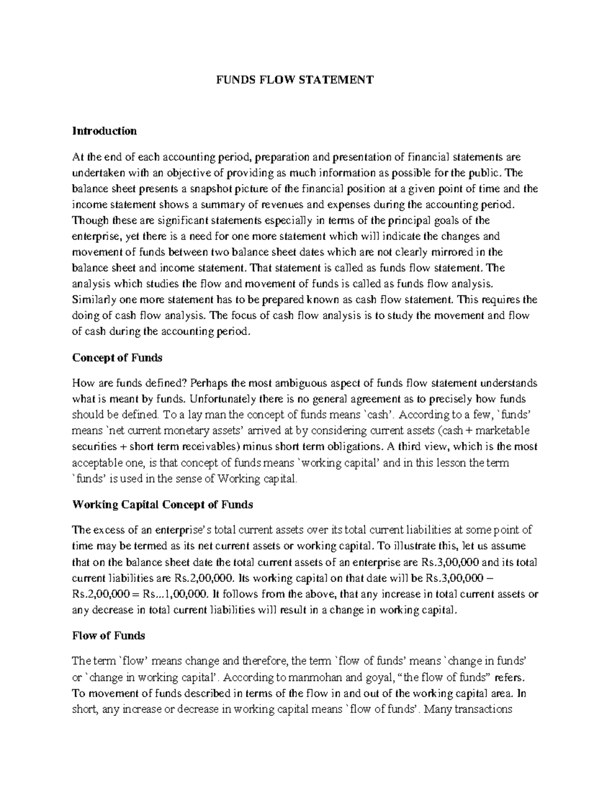Module 4 CASH FLOW - Funds FLOw - FUNDS FLOW STATEMENT Introduction At ...