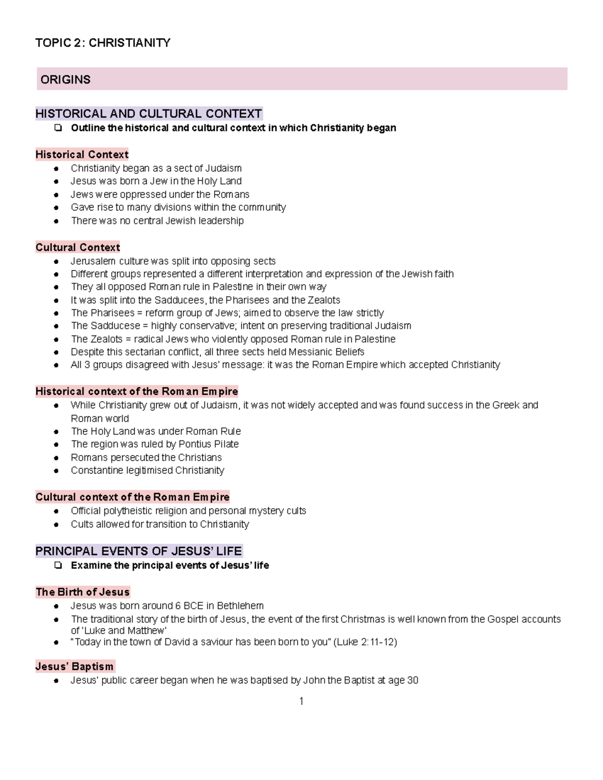 SOR1 Christianity Prelim Notes - TOPIC 2: CHRISTIANITY ORIGINS ...