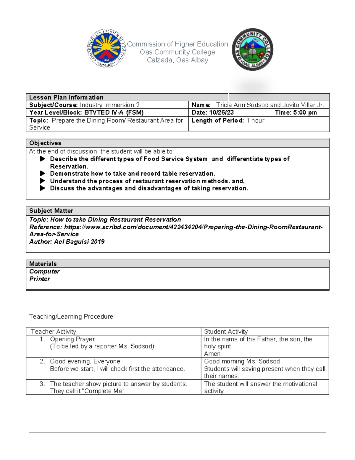 Detailed Lesson Plan Preparing Dining - Commission of Higher Education ...