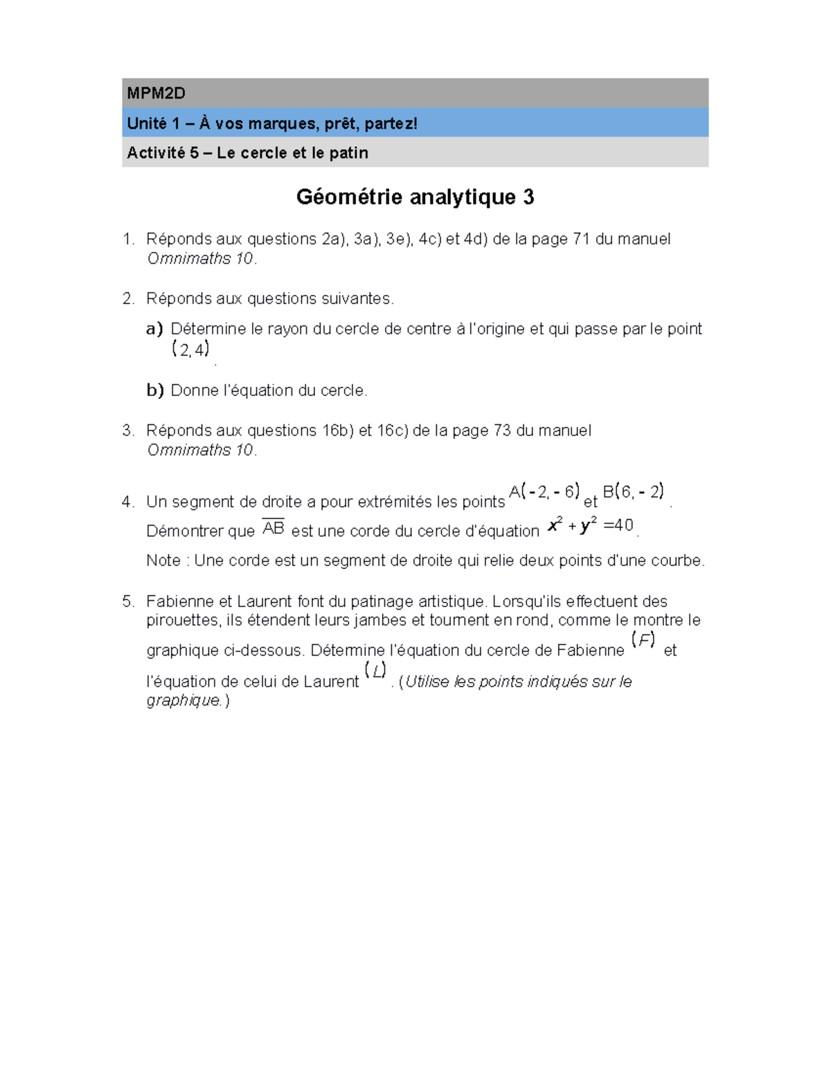MPM2D Annexe 1 5 t - problems - MPM2D Unité 1 – À vos marques, prêt ...
