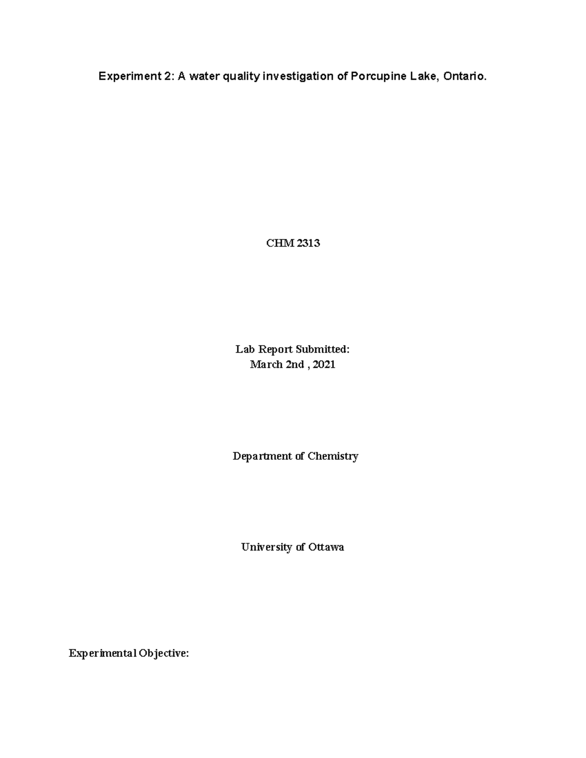 Experiment 2 A water quality investigation of Porcupine Lake, Ontario ...