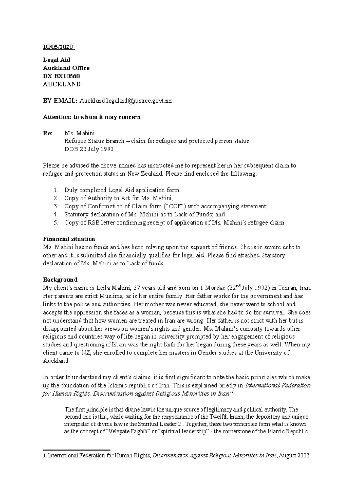 Legal aid letter - official - 10/05/ Legal Aid Auckland Office DX BX ...