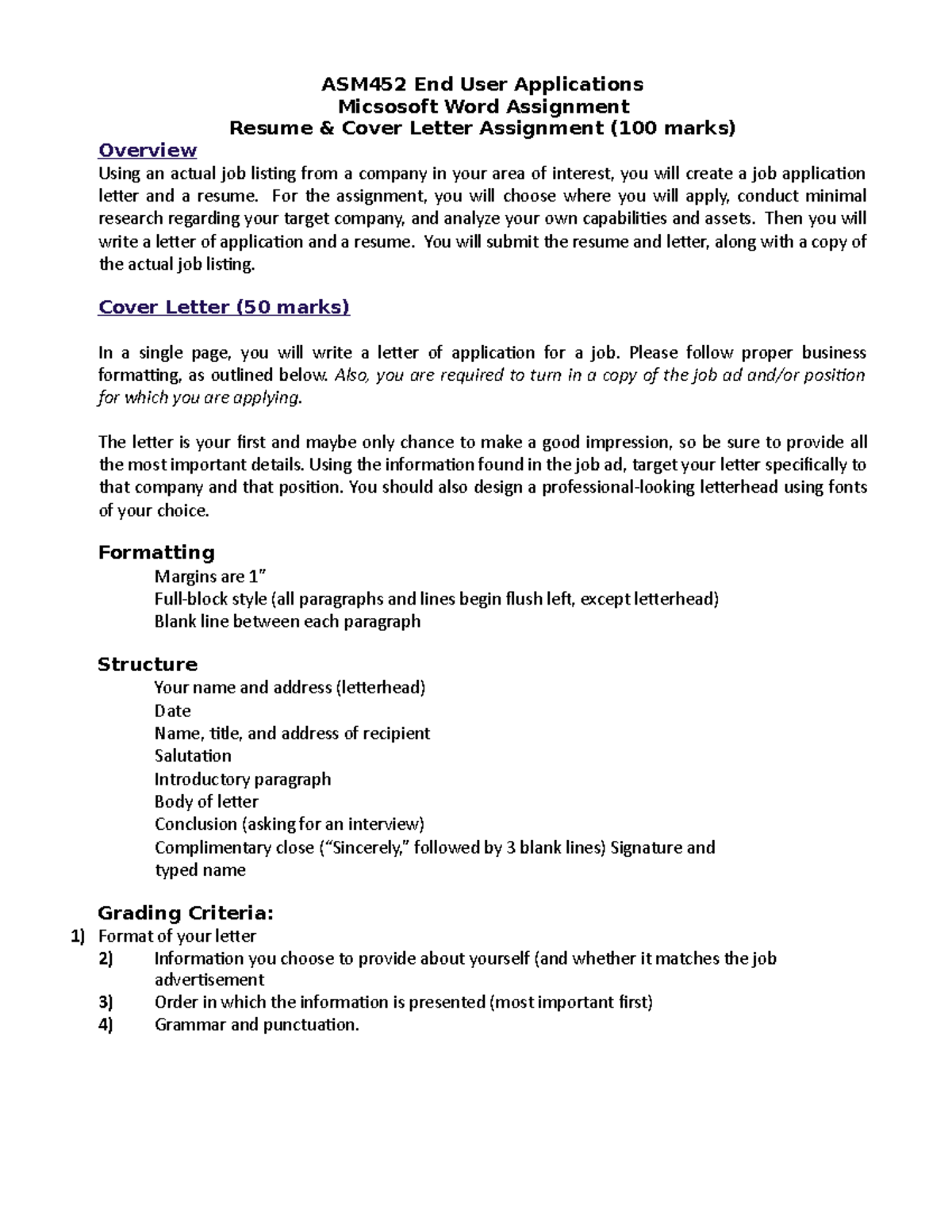Assignment 1 MS Words - ASM452 End User Applications Micsosoft Word ...
