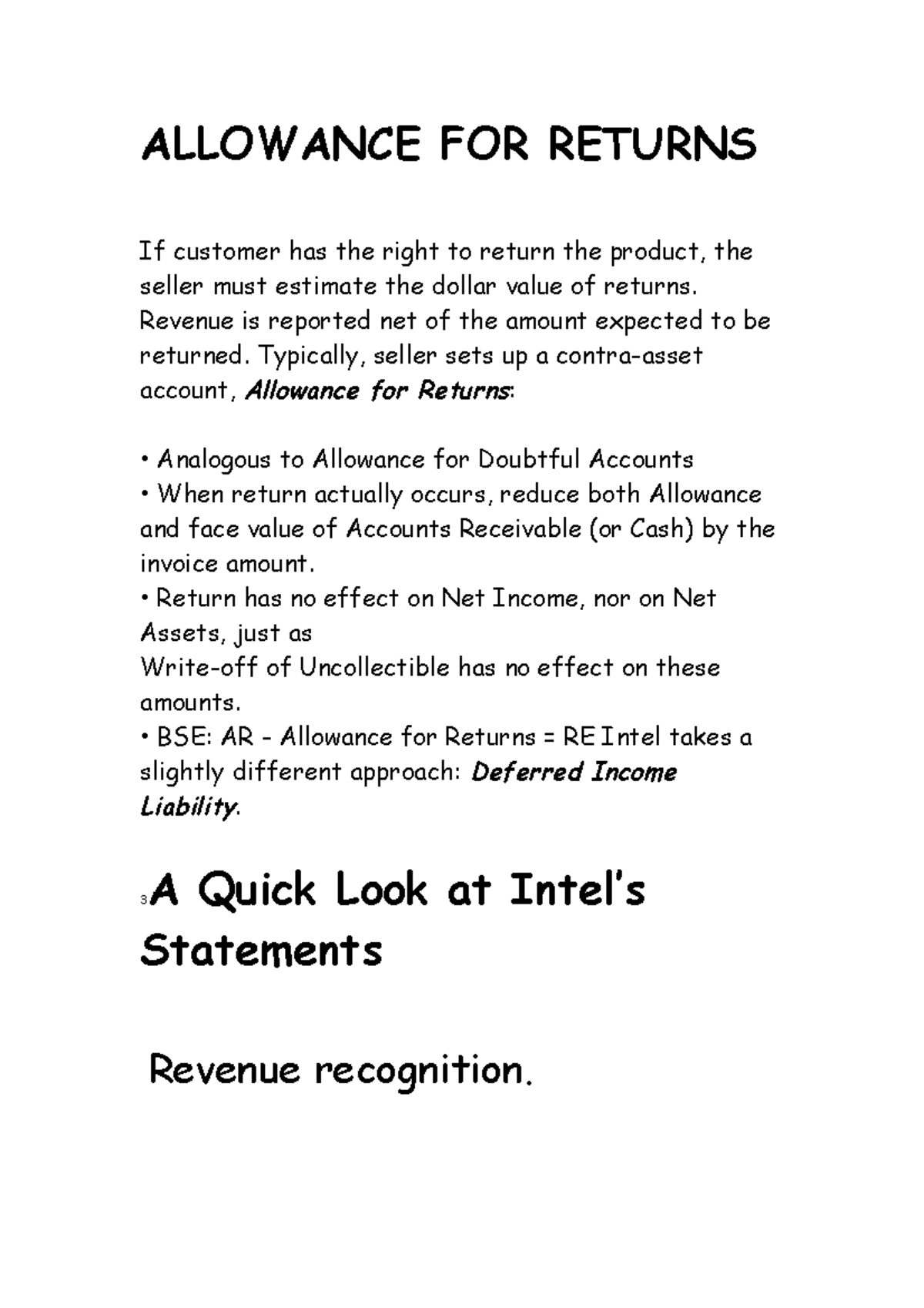Allowance FOR Returns - Intel’s Statements, Interpreting Intel’s ...