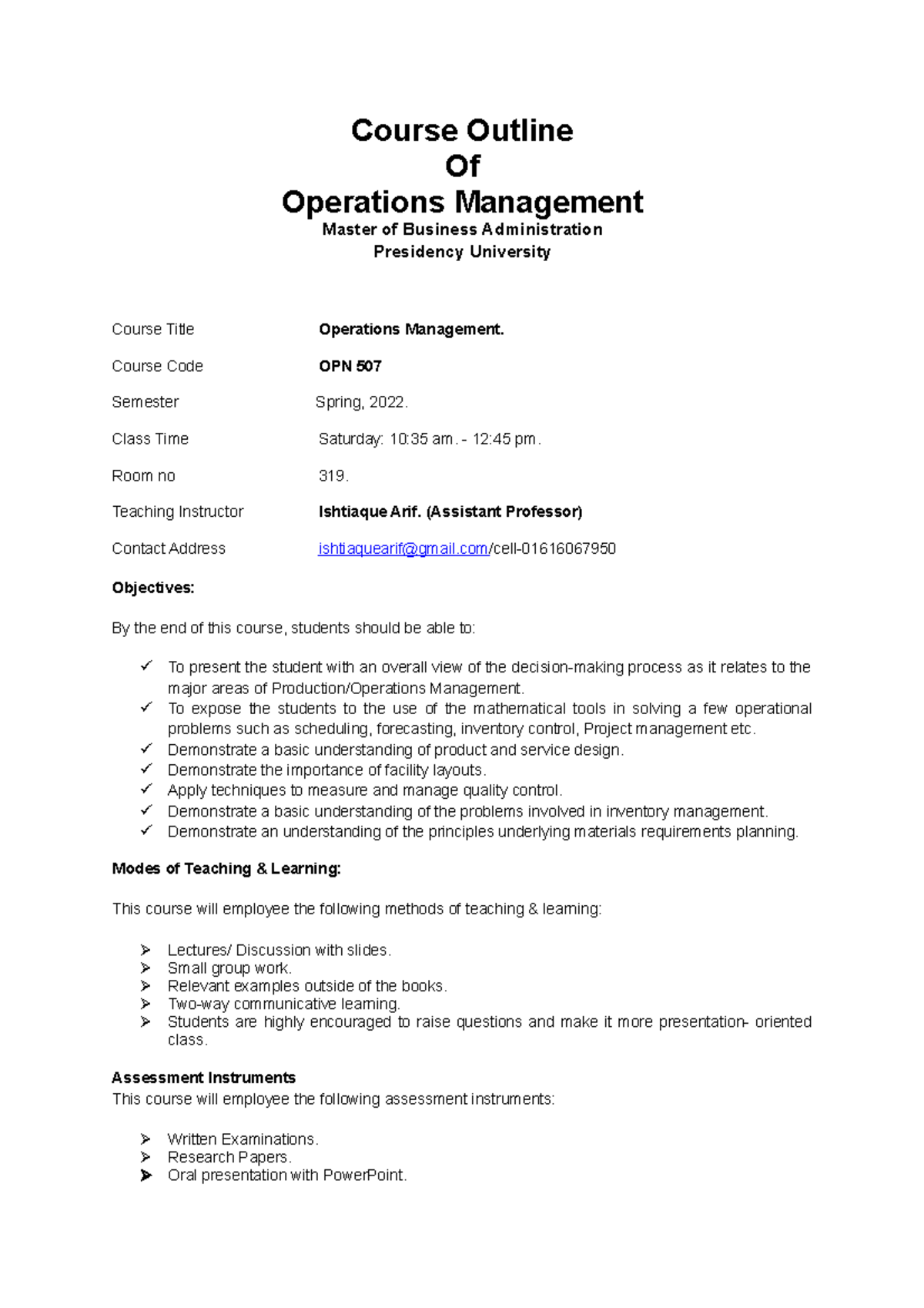 OPN Course outline - Course Outline Of Operations Management Master of ...