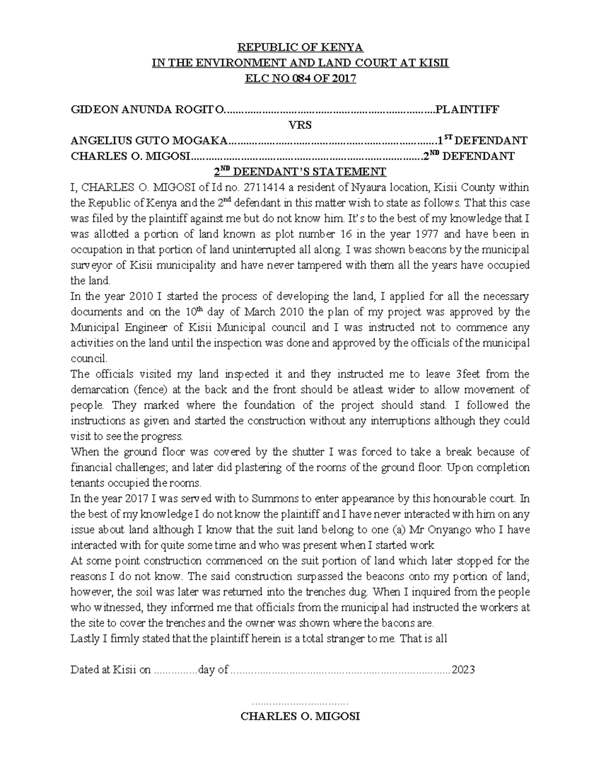 Defendant'S Statement 74 OF 2017 - REPUBLIC OF KENYA IN THE ENVIRONMENT ...