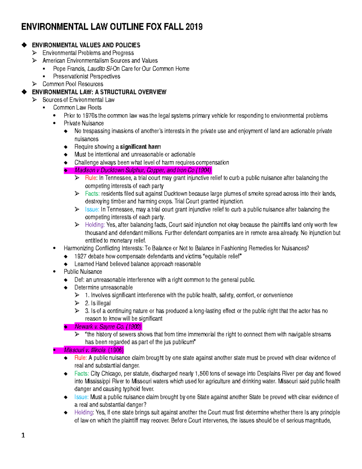 Environmental LAW Outline FOX FALL 2019 - ENVIRONMENTAL LAW OUTLINE FOX ...