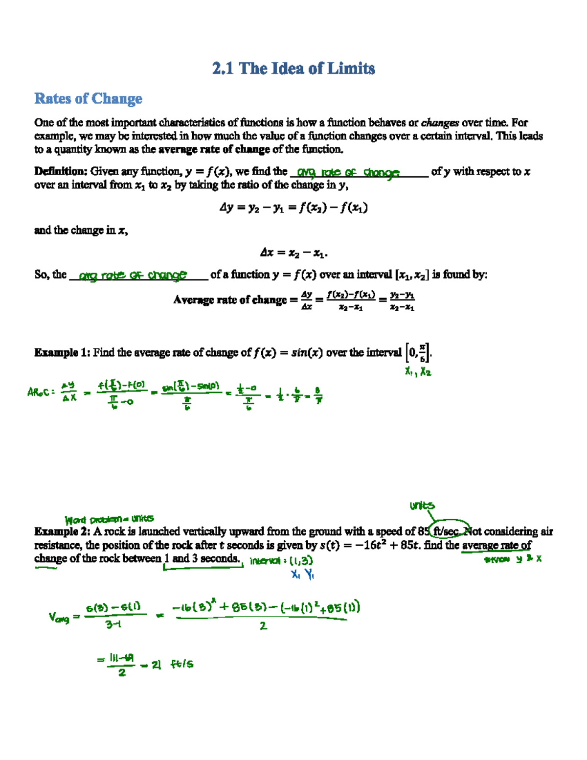 2.1 The Idea of Limits pg1 - 2 The Idea of Limits Rates of Change One ...