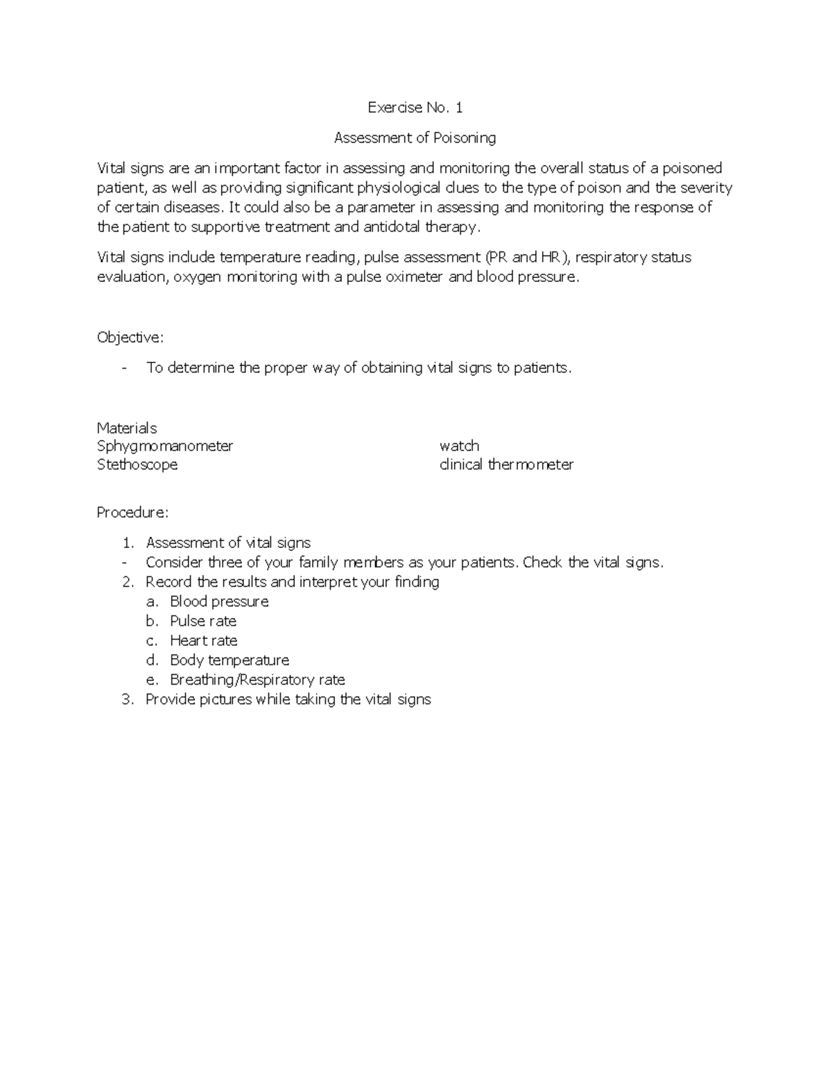 worksheet toxicology - Exercise No. 1 Assessment of Poisoning Vital ...