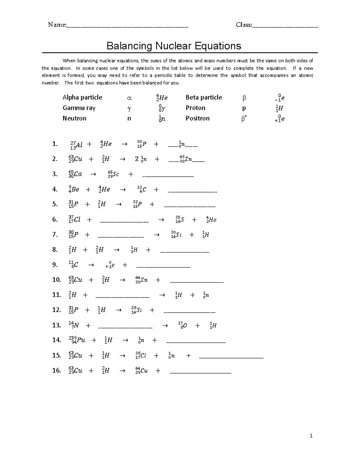 D11 Practice-Nuclear Chemistry 2 - 1 Balancing Nuclear Equations When ...